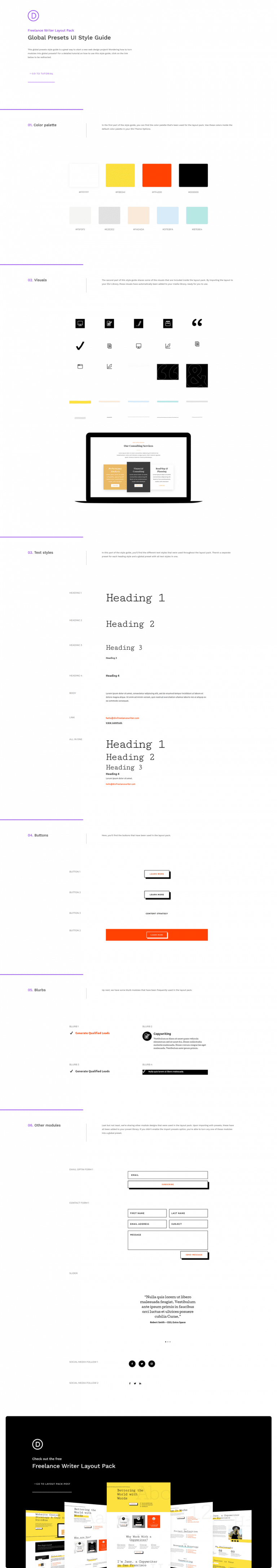 Download a FREE Global Presets Style Guide for Divi's Freelance Writer Layout Pack
