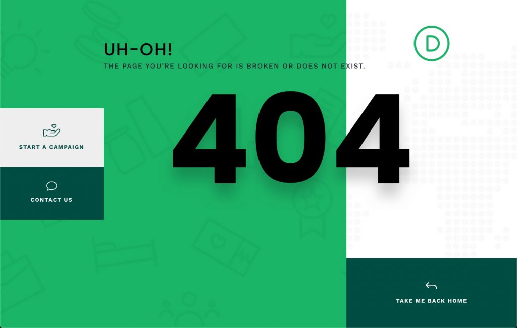 Download a FREE 404 Page Template for Divi's Crowdfunding Layout Pack