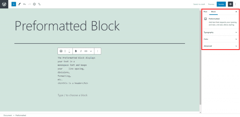 How to Use the WordPress Preformatted Block