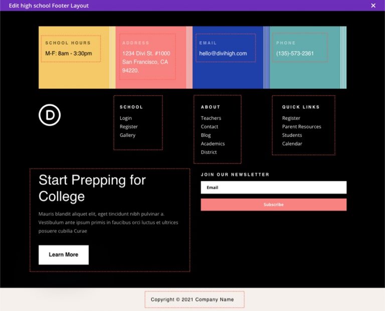 Download a FREE Header and Footer Template for Divi's High School ...