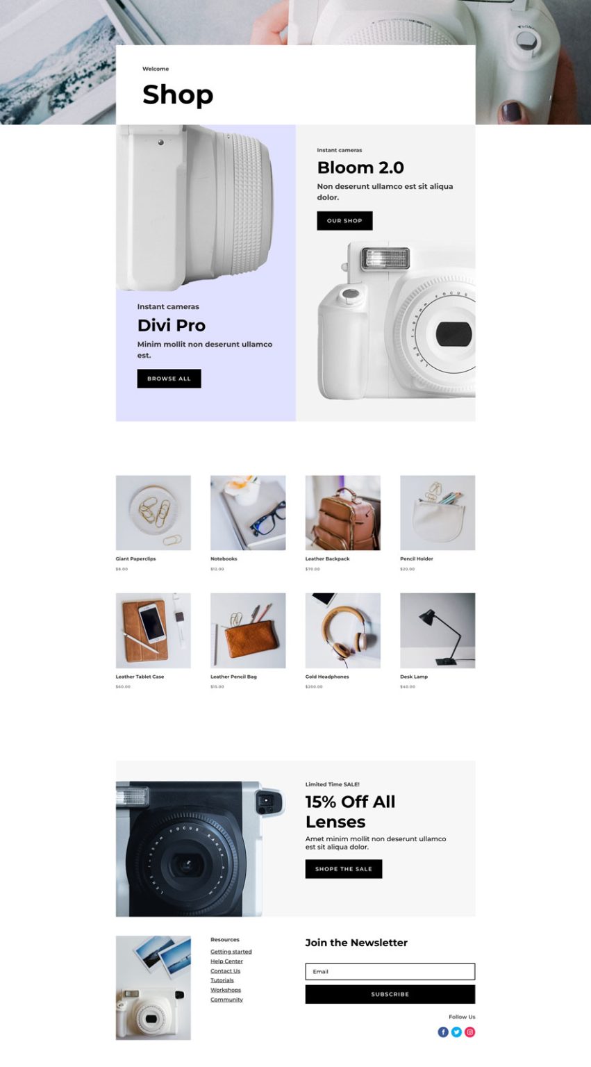 Get a FREE Camera Product Layout Pack for Divi