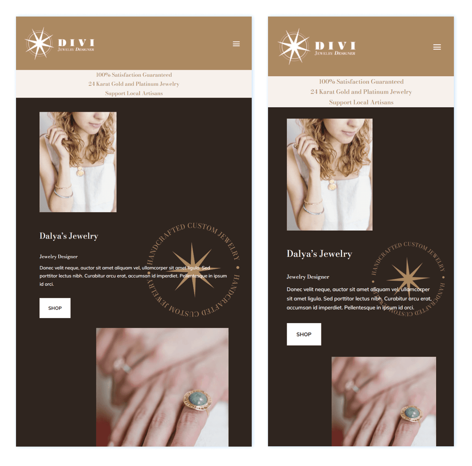 Download a FREE Header & Footer for Divi's Jewelry Designer Layout Pack