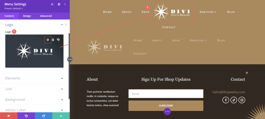 Download a FREE Header & Footer for Divi's Jewelry Designer Layout Pack