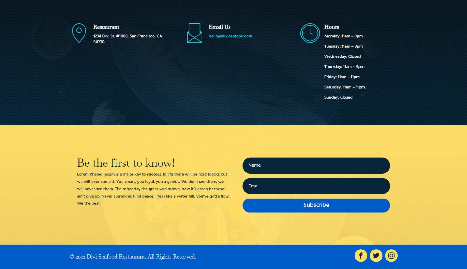 Download a FREE Header & Footer for Divi's Seafood Restaurant Layout Pack