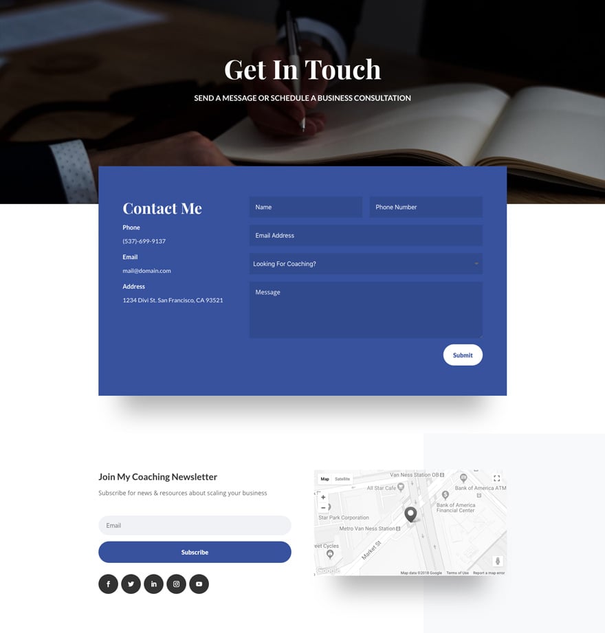 Business Coach Contact Page Divi Layout by Elegant Themes