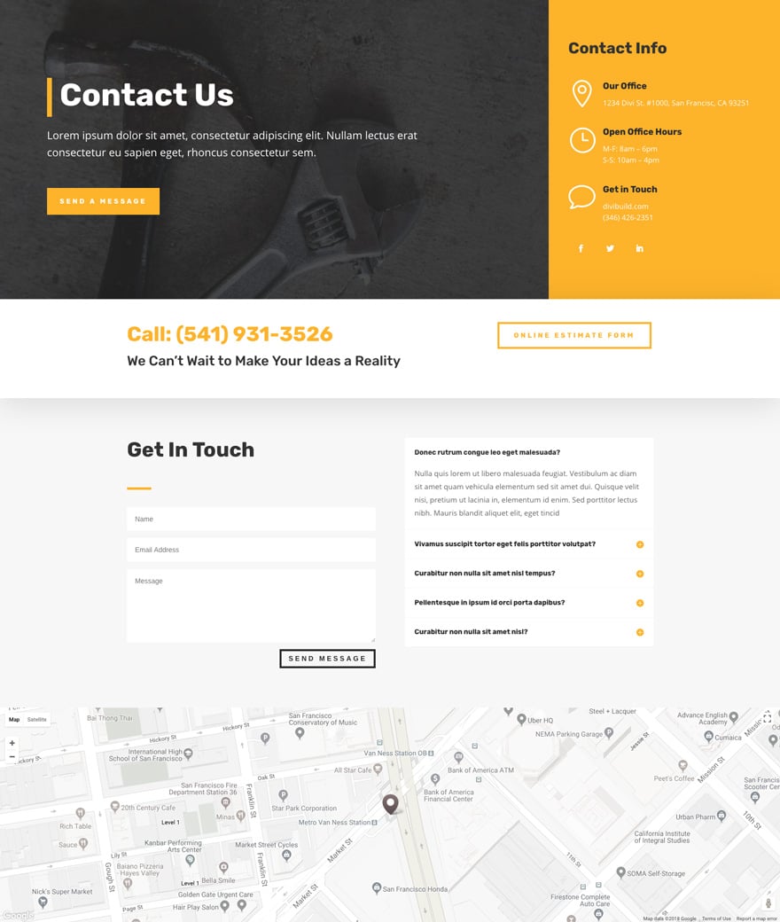 Construction Company Contact Page Divi Layout by Elegant Themes