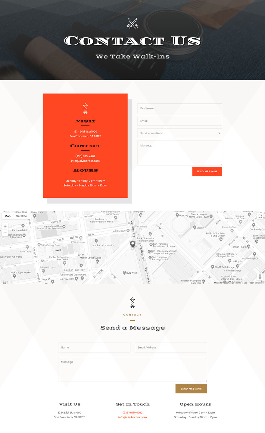Barber Shop Contact Page Divi Layout by Elegant Themes