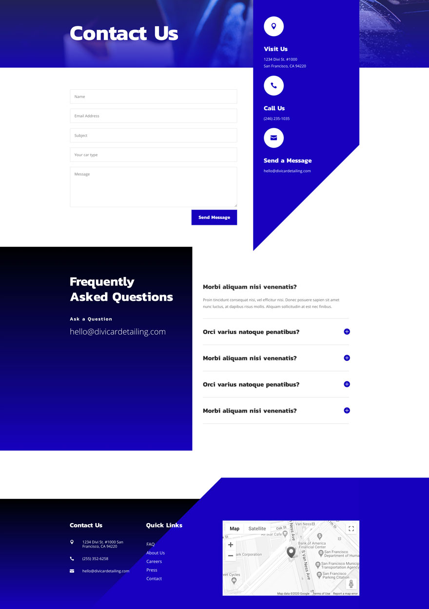 Car Detailing Contact Page Divi Layout by Elegant Themes