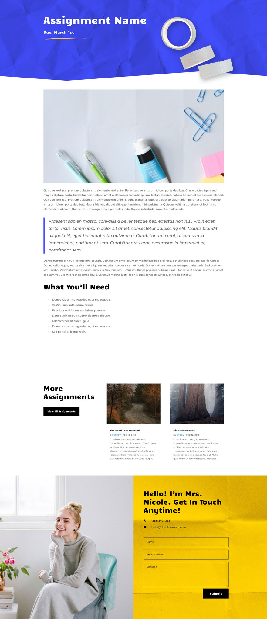 Classroom Assignment Page Divi Layout by Elegant Themes
