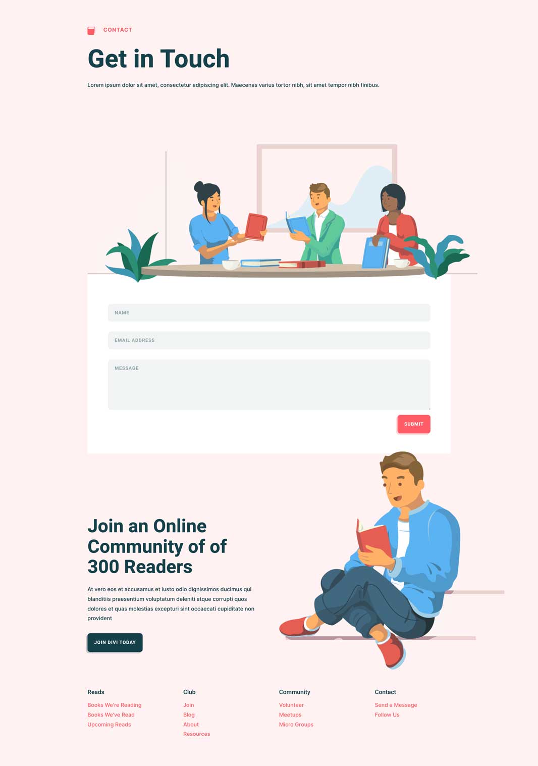 Book Club Contact Page Divi Layout by Elegant Themes