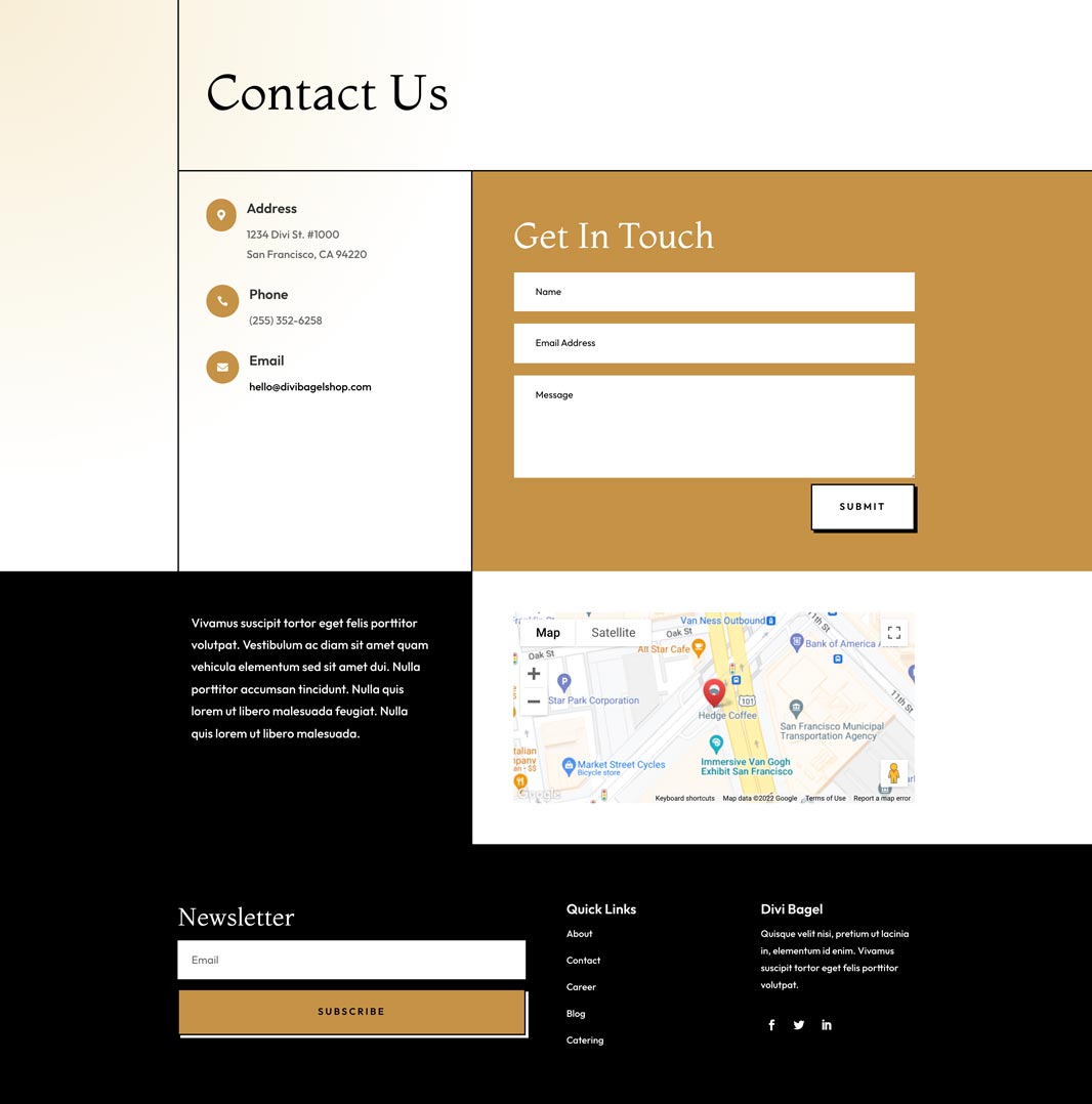 Bagel Shop Contact Page Divi Layout by Elegant Themes