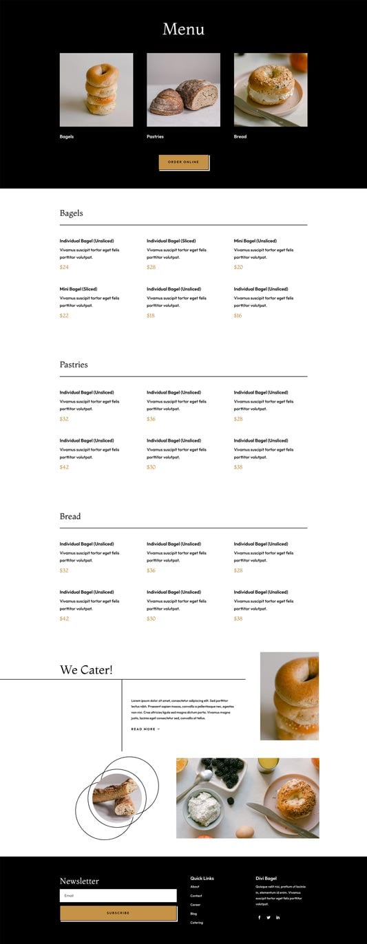 Bagel Shop Menu Page Divi Layout by Elegant Themes