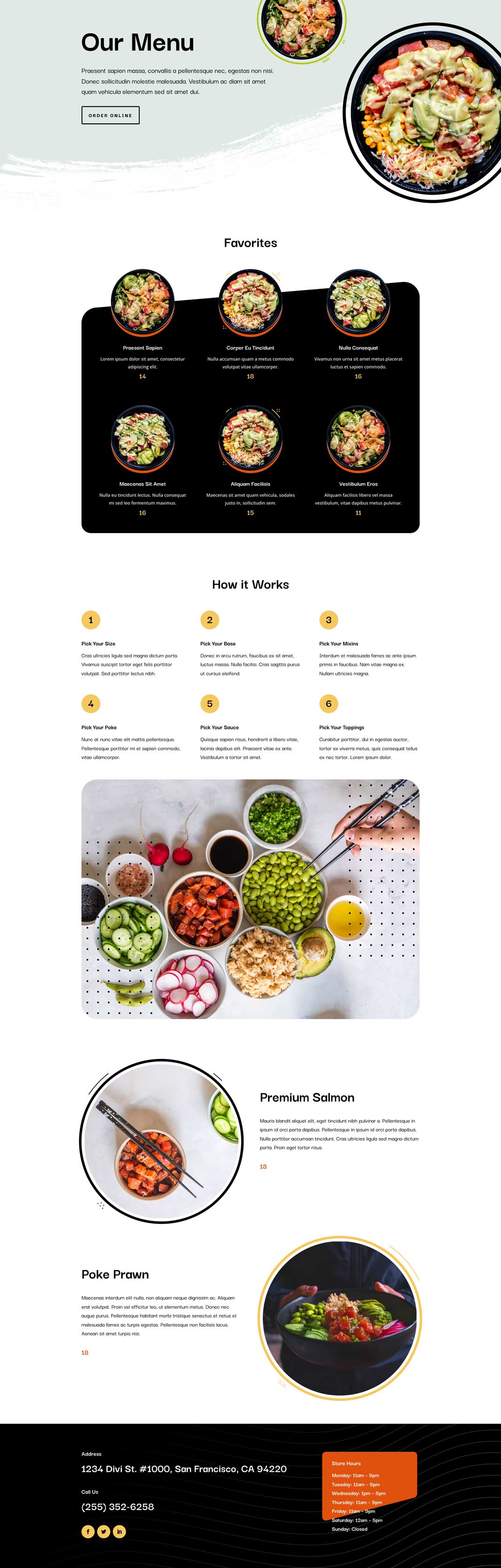 Poke Restaurant Menu Page Divi Layout by Elegant Themes Poke Restaurant Menu Page Divi Layout by Elegant Themes