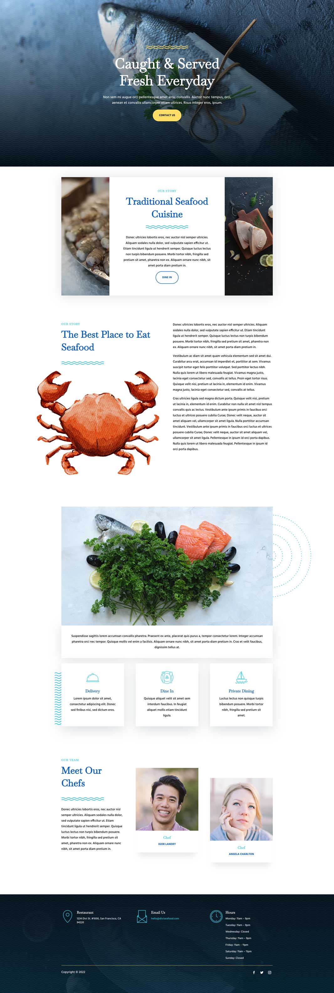 Seafood Restaurant About Page Divi Layout by Elegant Themes