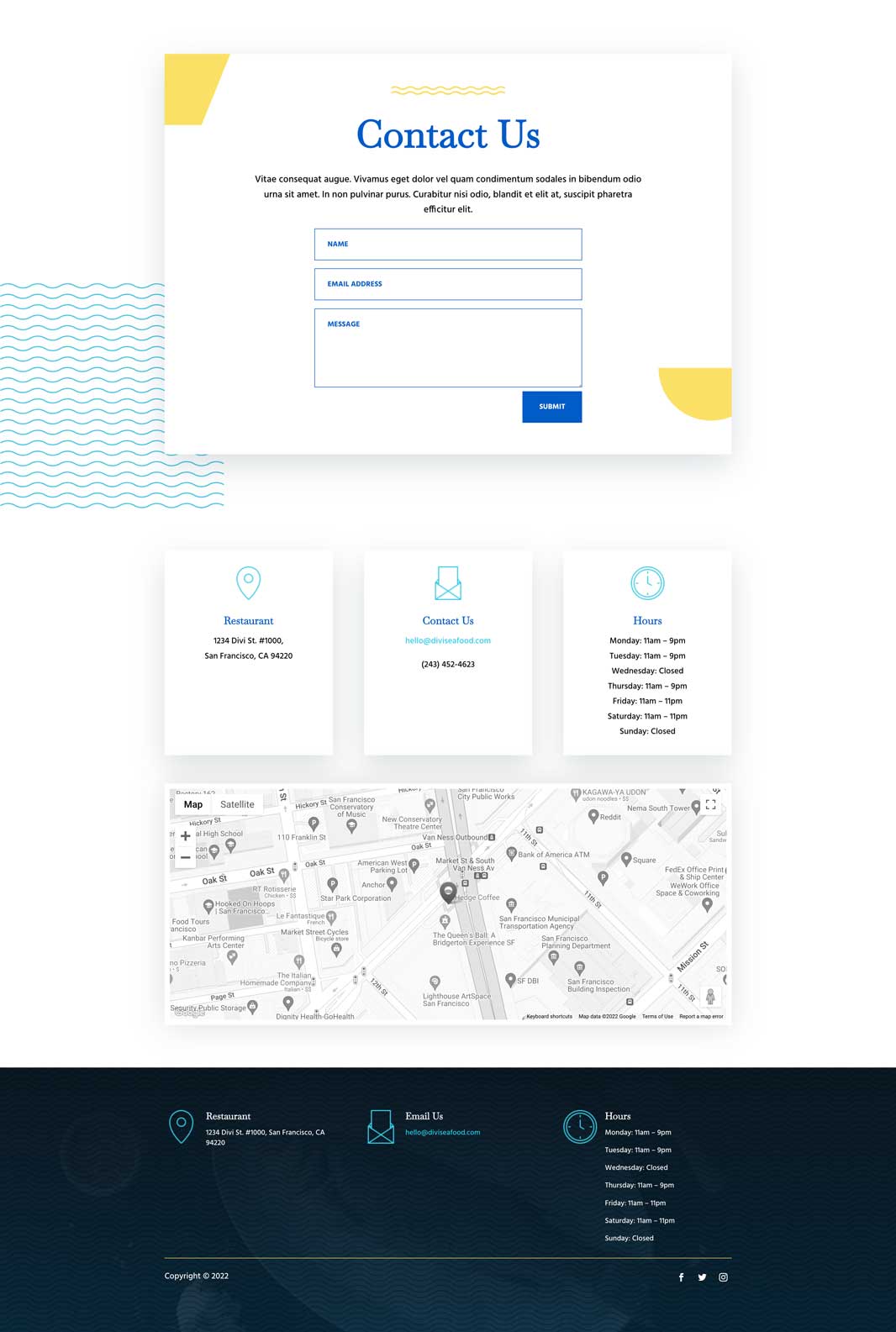 Seafood Restaurant Contact Page Divi Layout by Elegant Themes