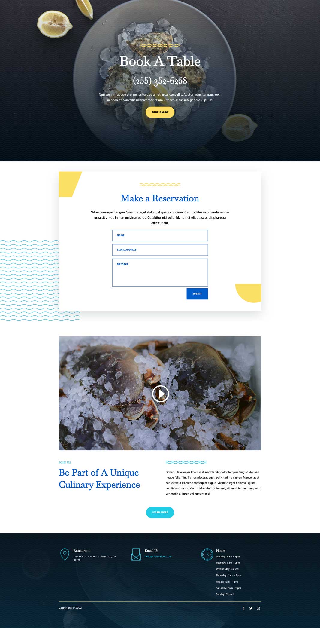 Seafood Restaurant Reservations Page Divi Layout by Elegant Themes