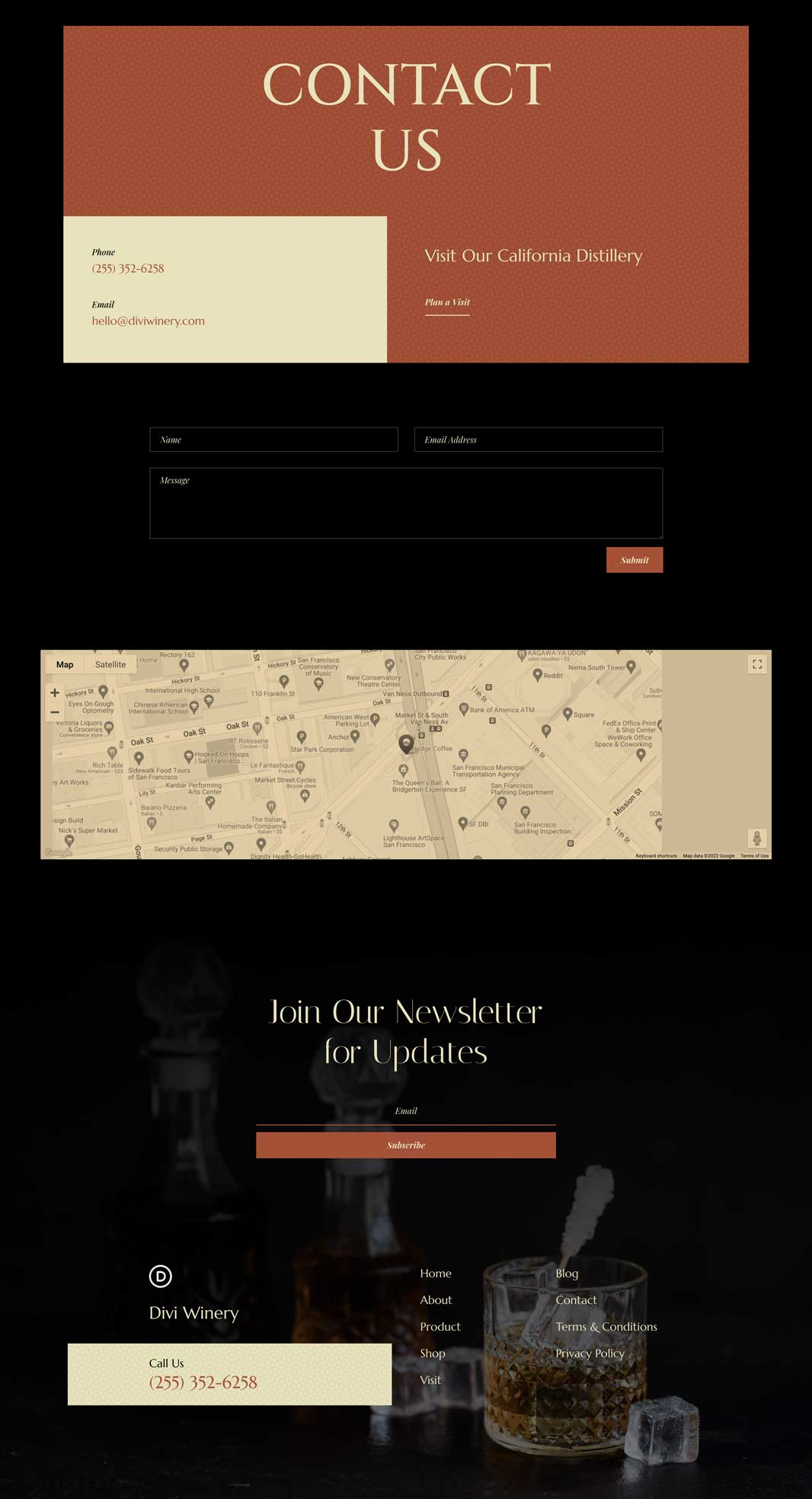 Whiskey Contact Page Divi Layout by Elegant Themes
