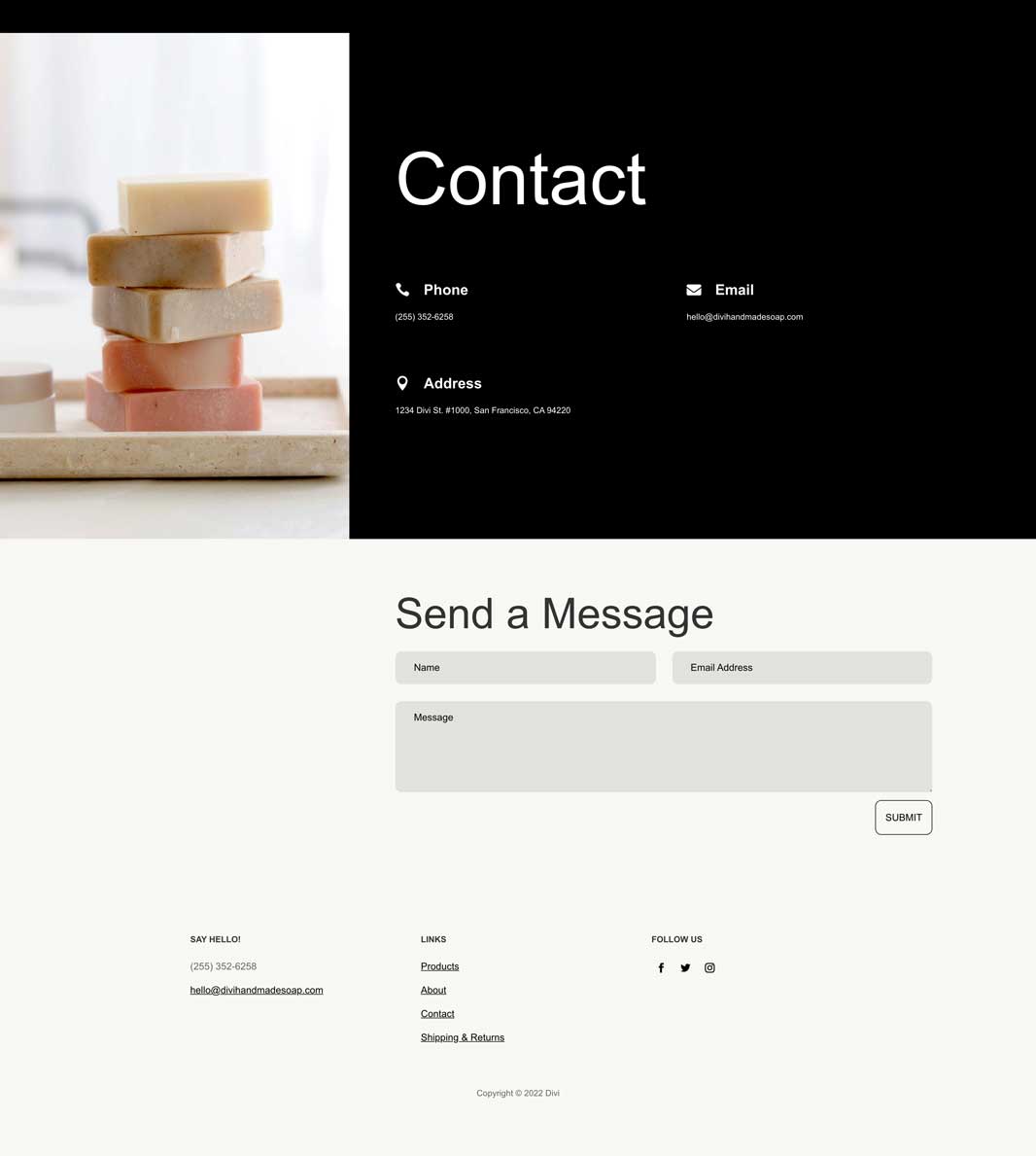 Handmade Soap Contact Page Divi Layout by Elegant Themes