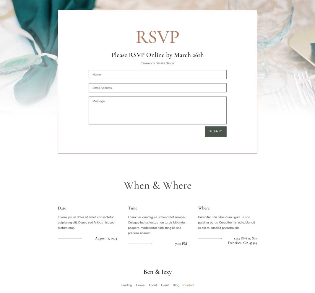 Wedding Invitation Contact Page Divi Layout by Elegant Themes