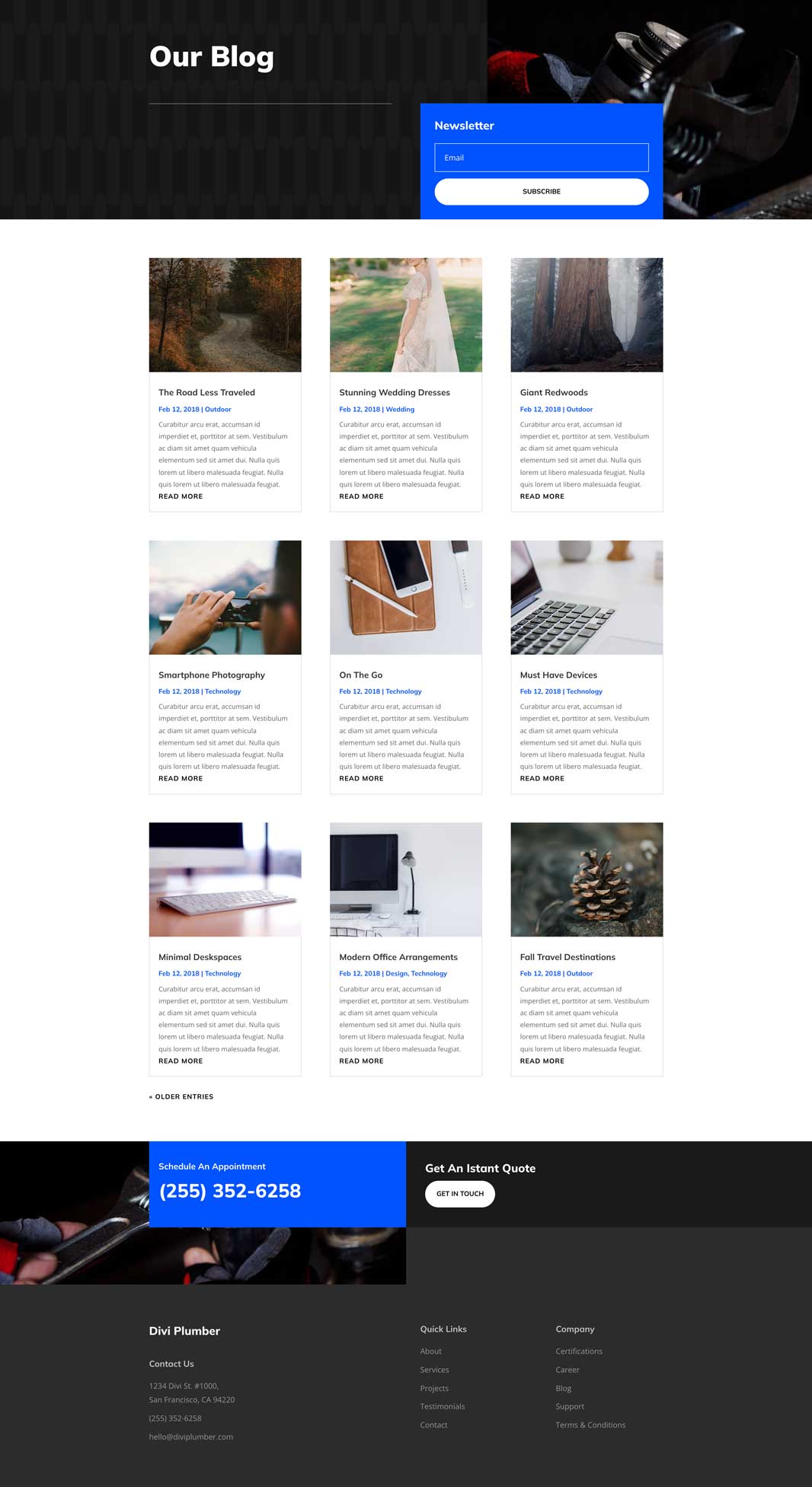 Plumbing Blog Page Divi Layout by Elegant Themes