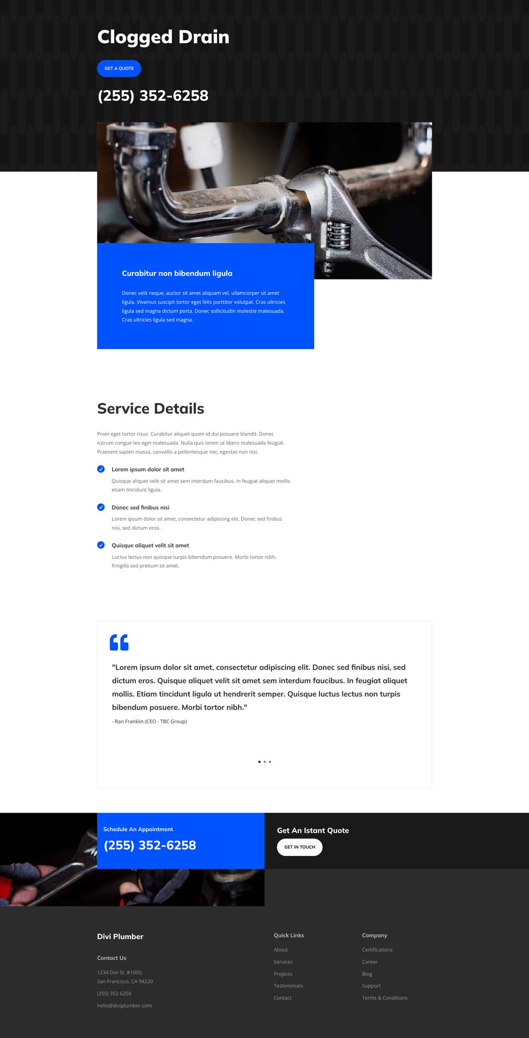 Plumbing Service Page Divi Layout by Elegant Themes