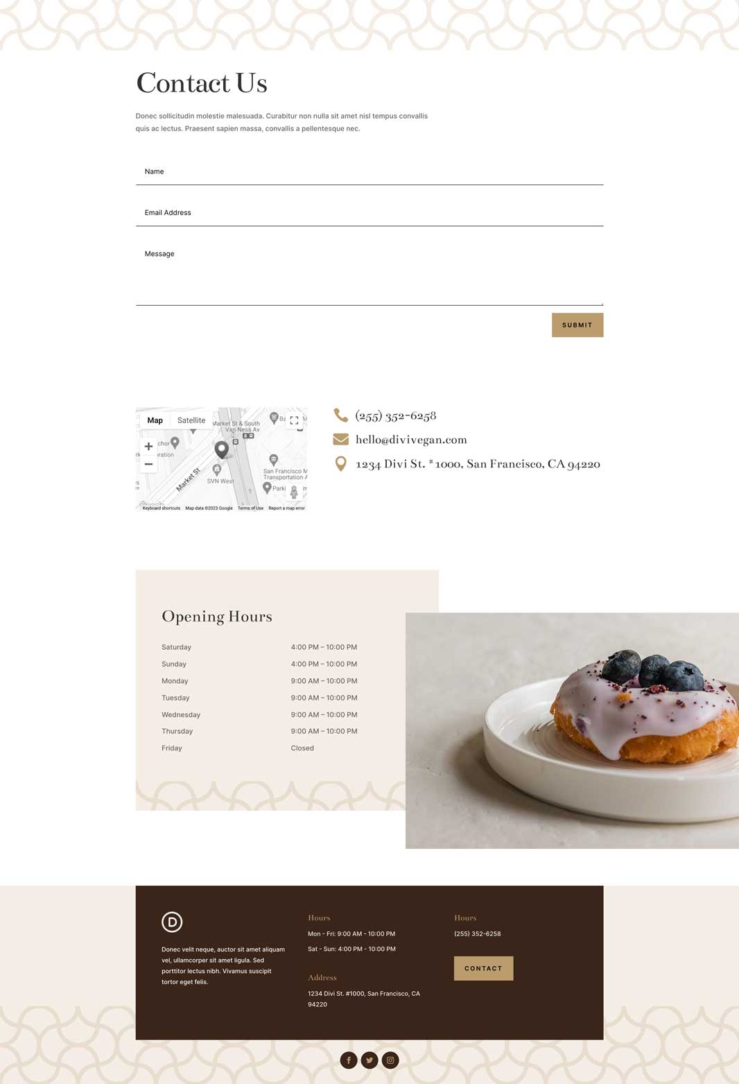Vegan Restaurant Contact Page Divi Layout by Elegant Themes