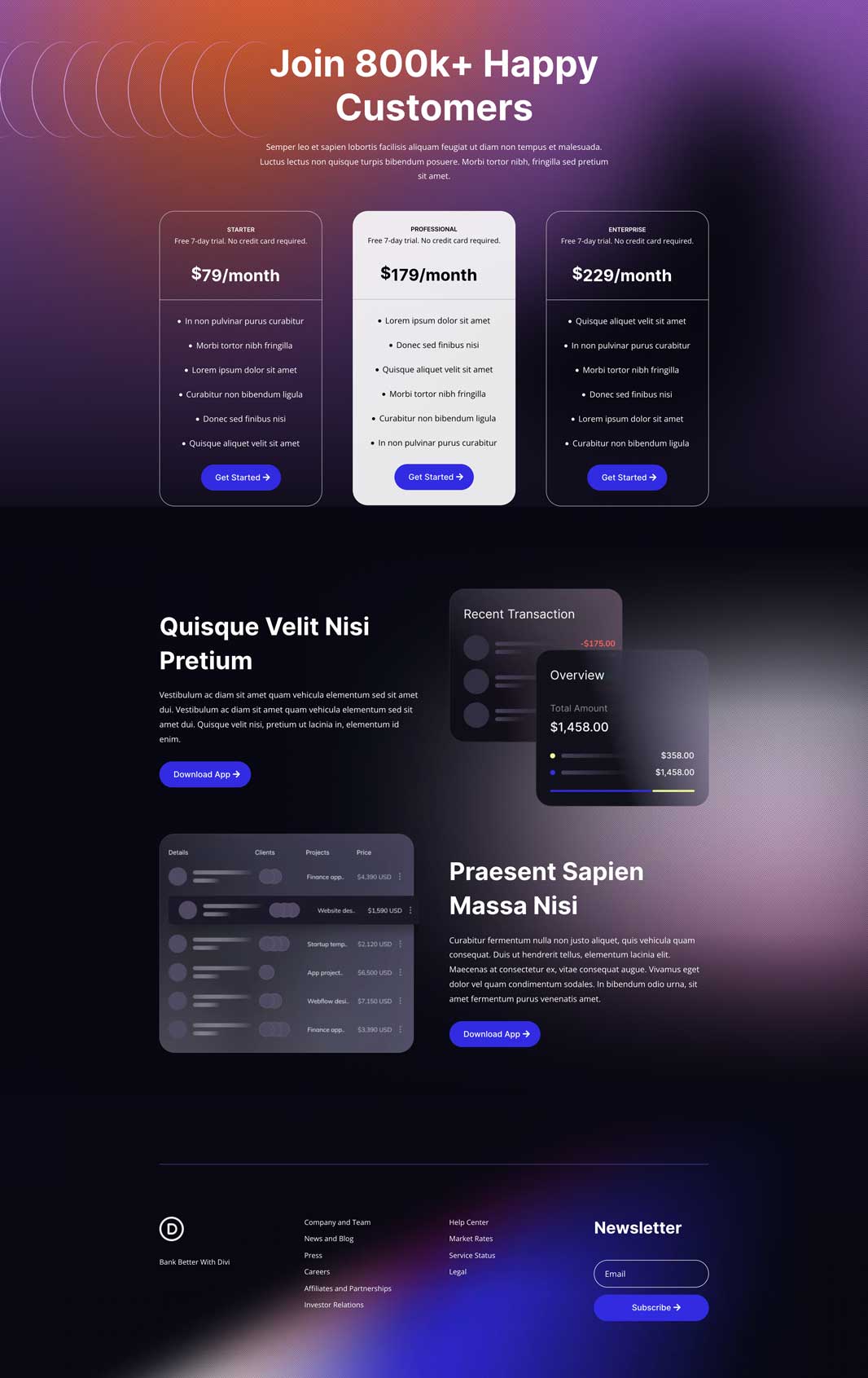 Financial Technology Pricing Page Divi Layout by Elegant Themes