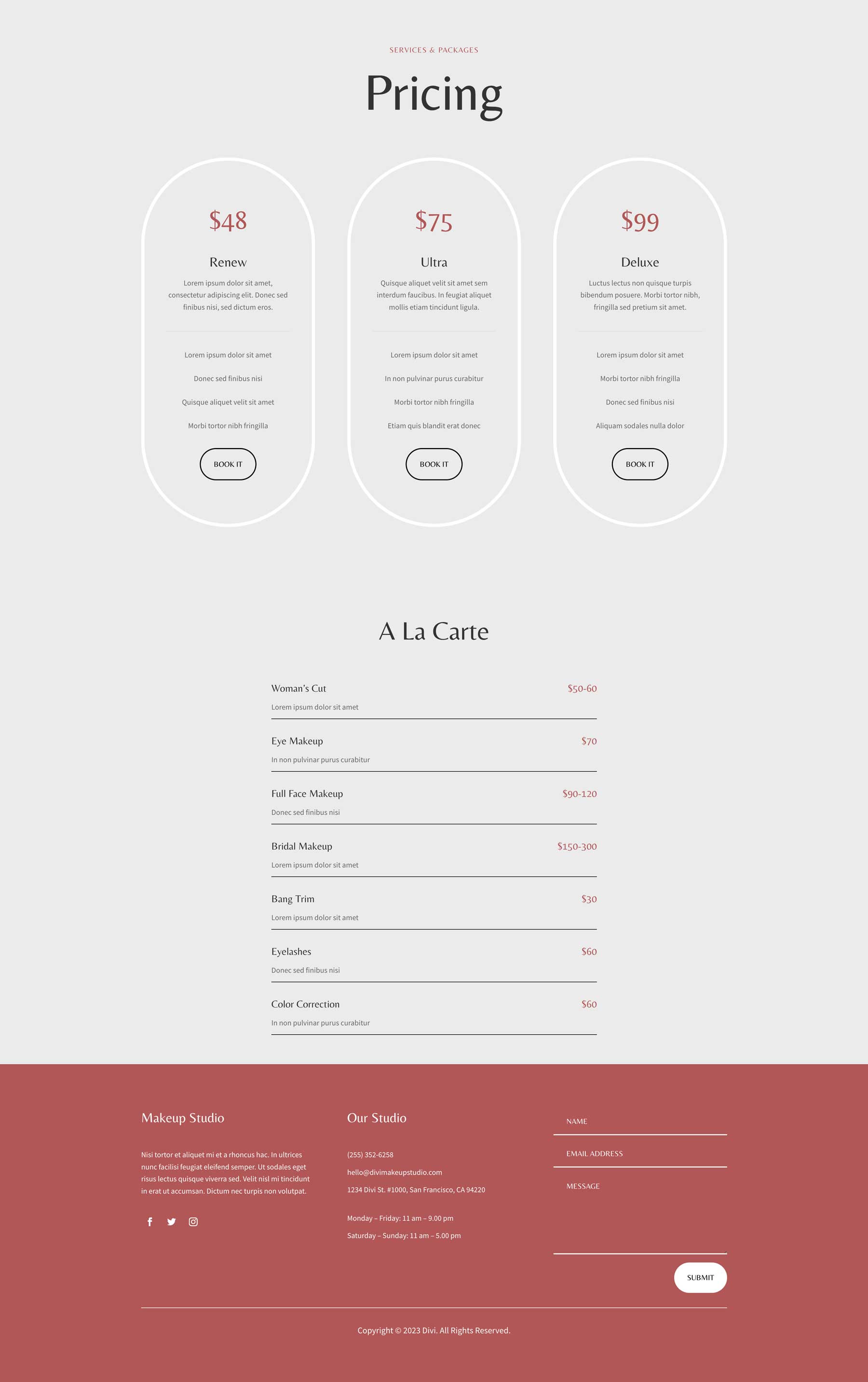 Beauty Salon Pricing Page Divi Layout by Elegant Themes