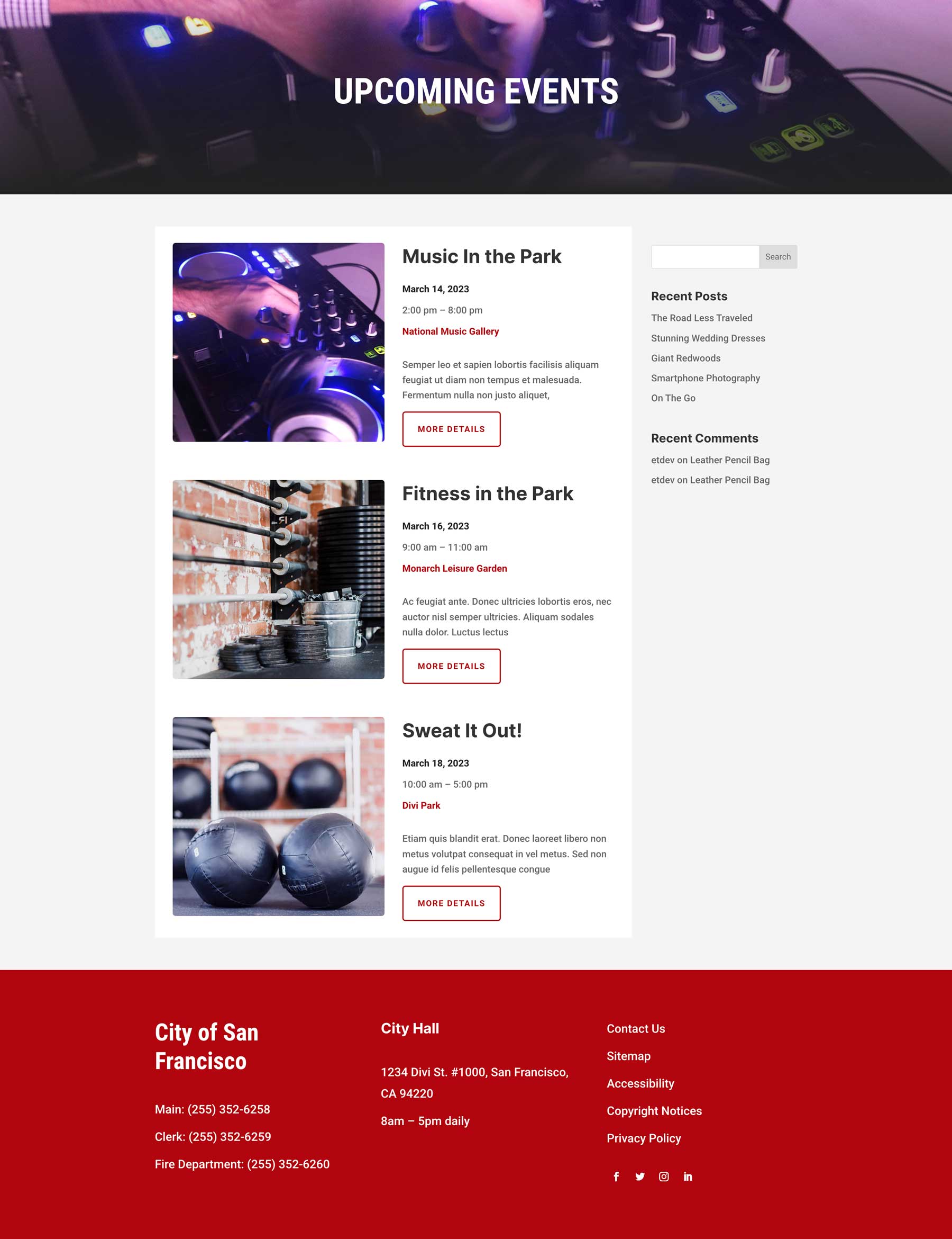 City Events Page Divi Layout by Elegant Themes