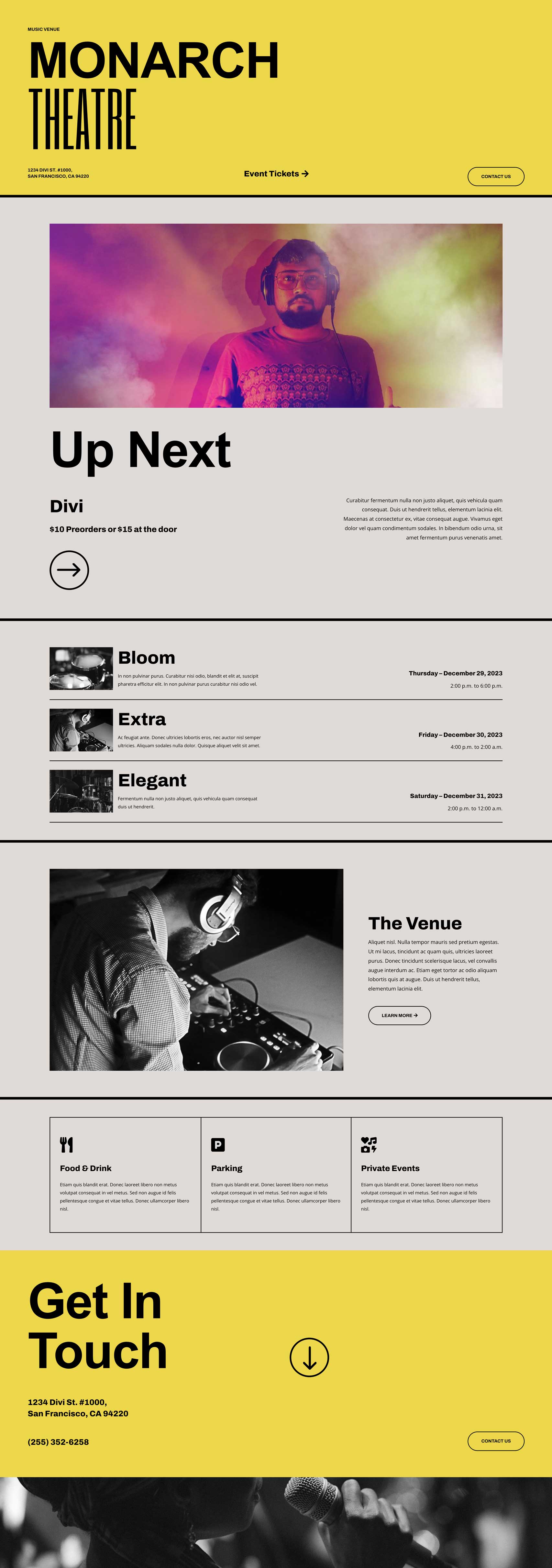 Music Venue Home Page Divi Layout by Elegant Themes