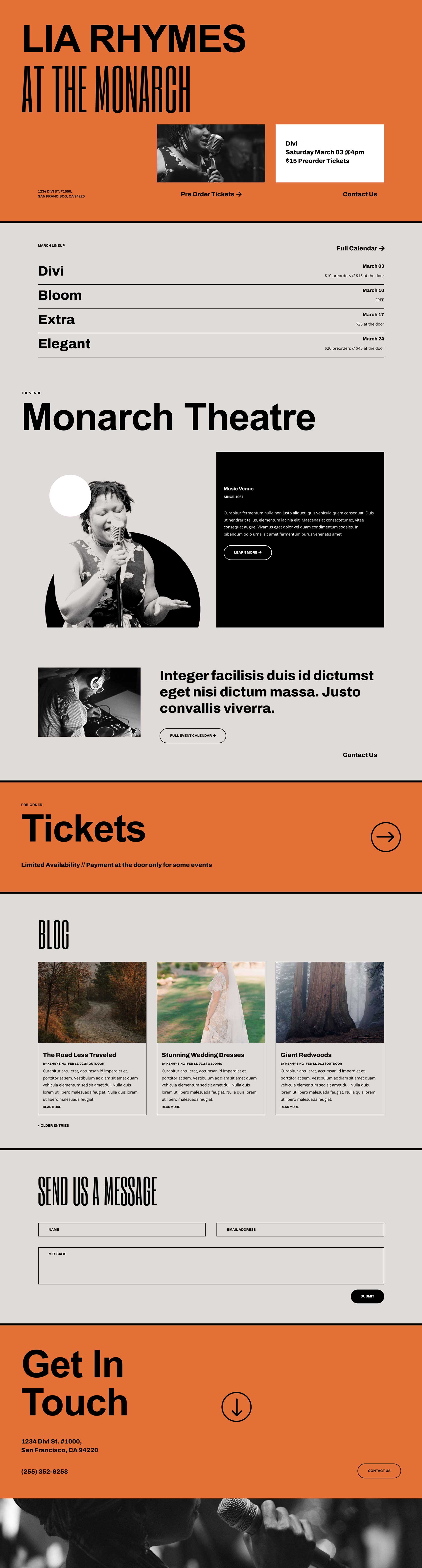 Music Venue Landing Page Divi Layout by Elegant Themes