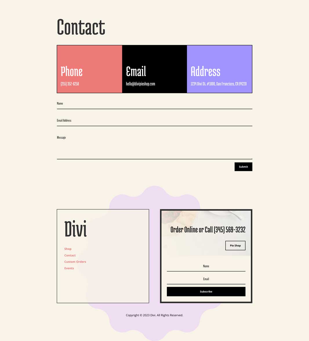 Pie Shop Contact Page Divi Layout by Elegant Themes