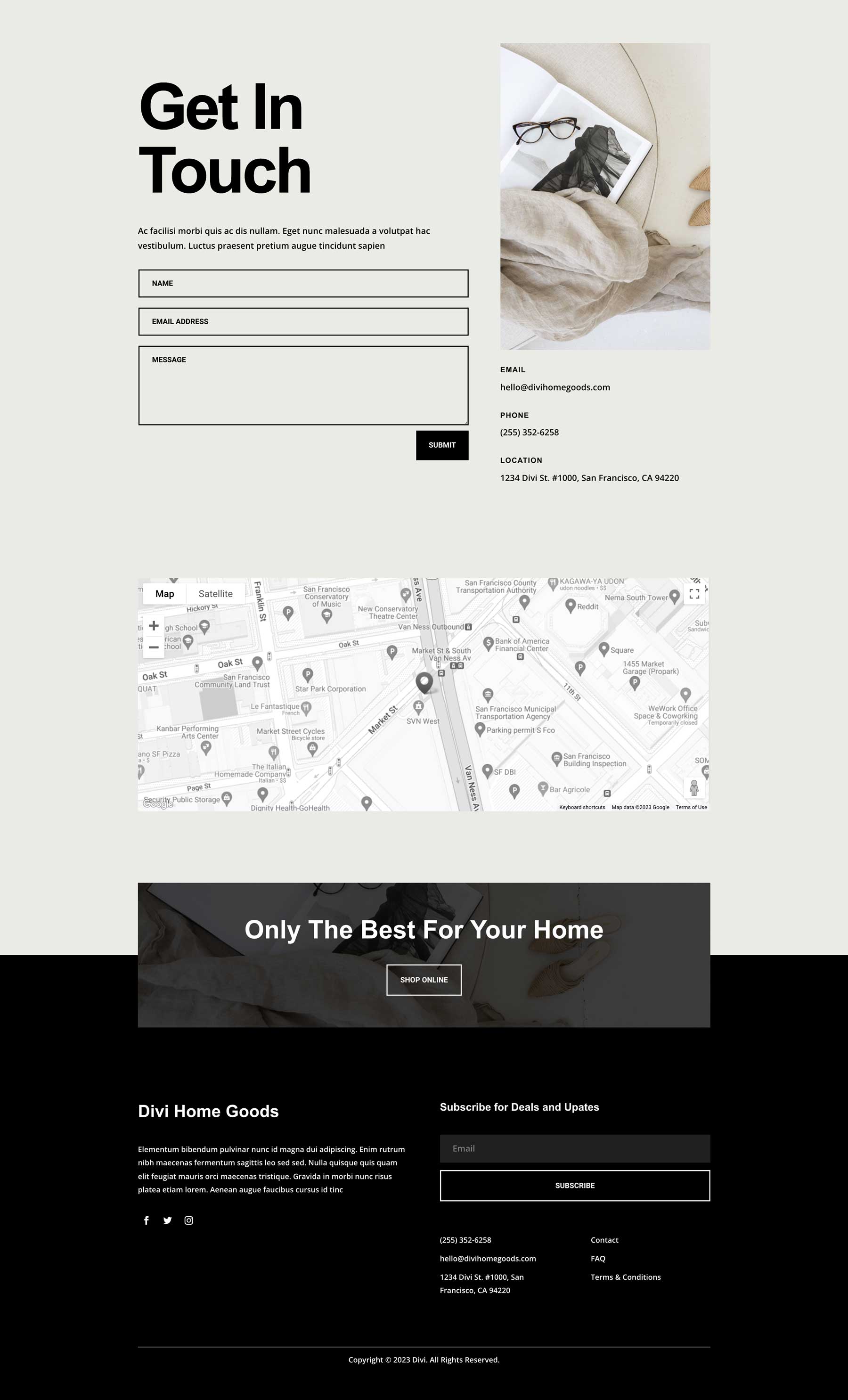 Home Goods Contact Page Divi Layout by Elegant Themes