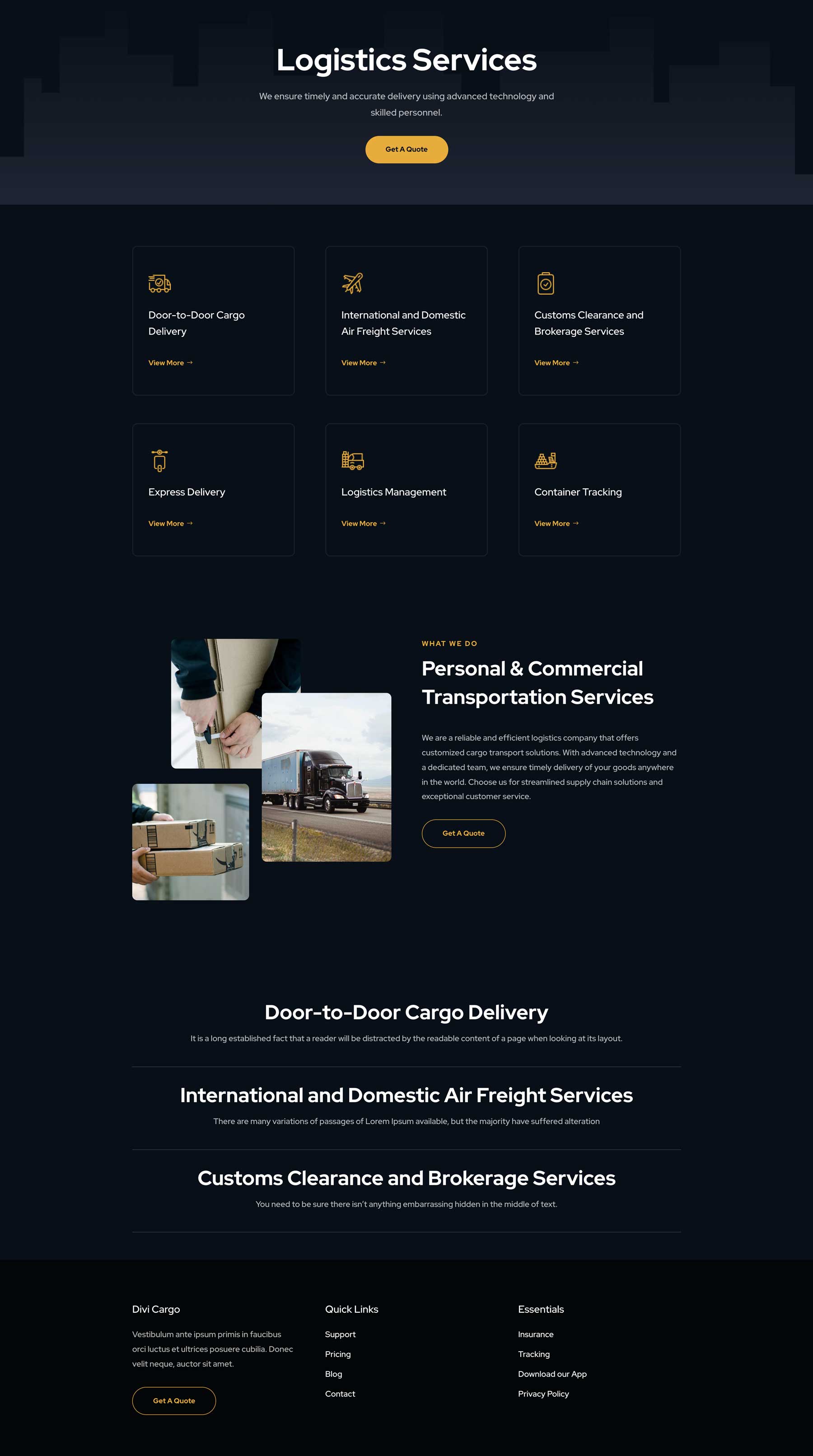 Transport Company Services Page Divi Layout by Elegant Themes