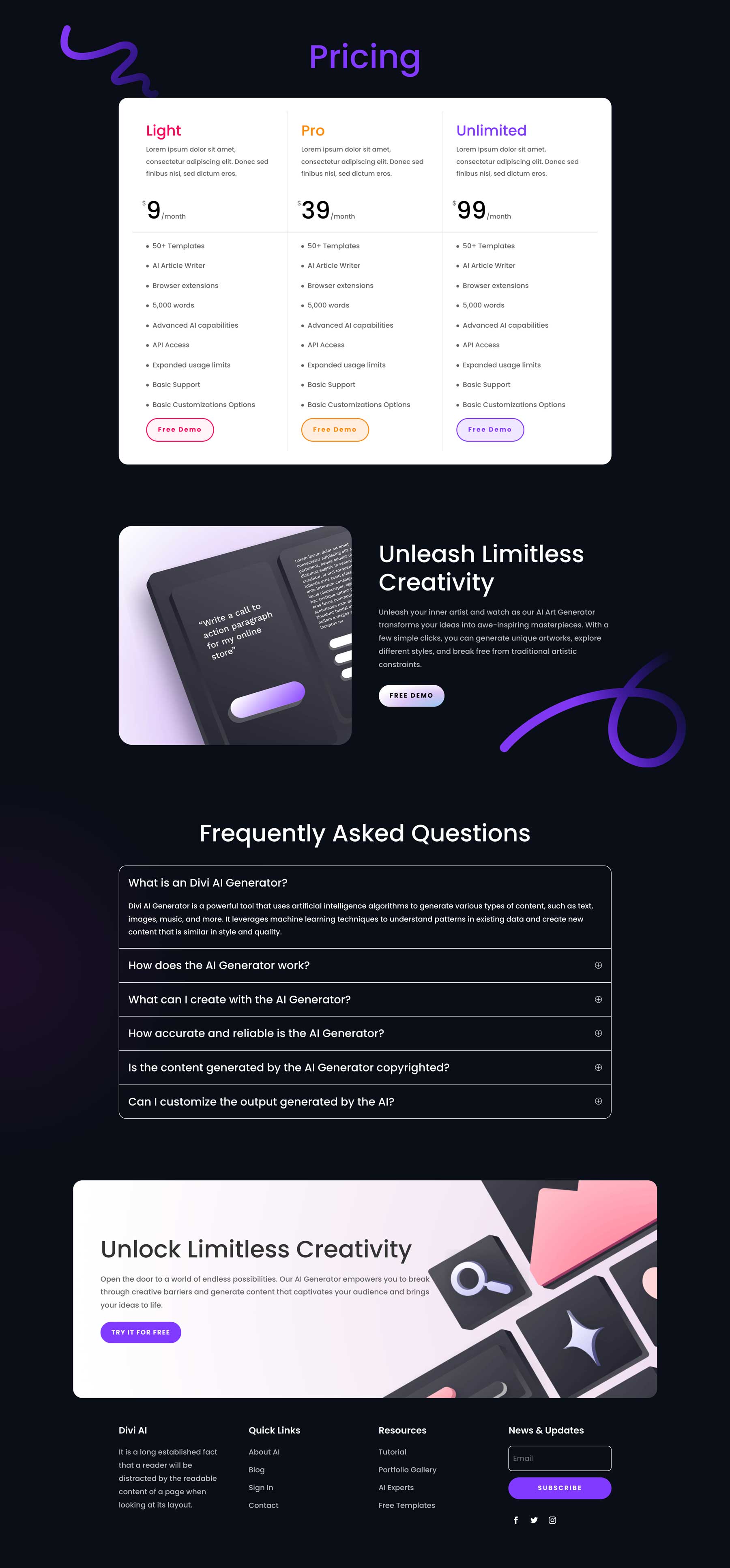 AI Generator Pricing Page Divi Layout by Elegant Themes