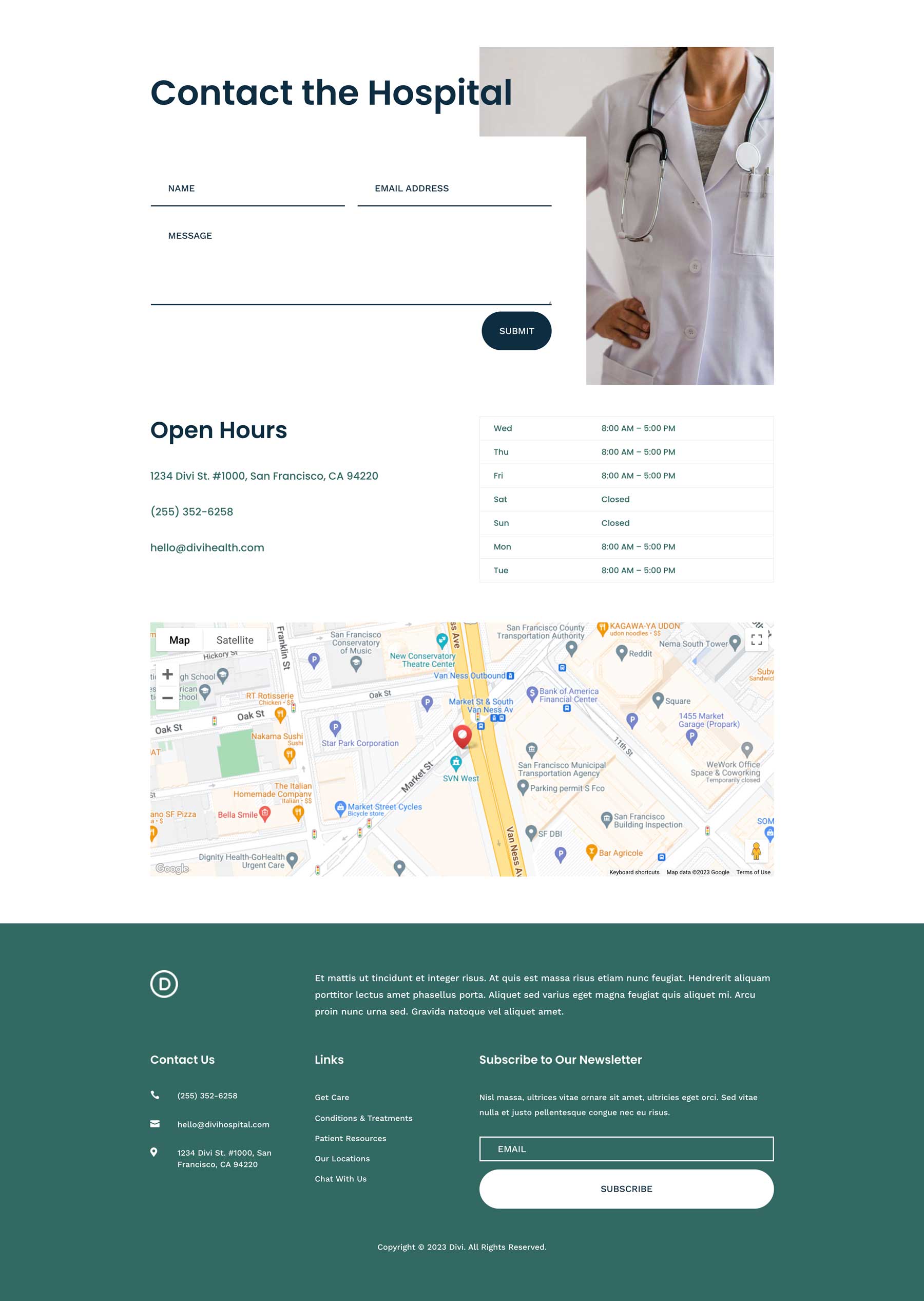 Hospital Contact Page Divi Layout by Elegant Themes