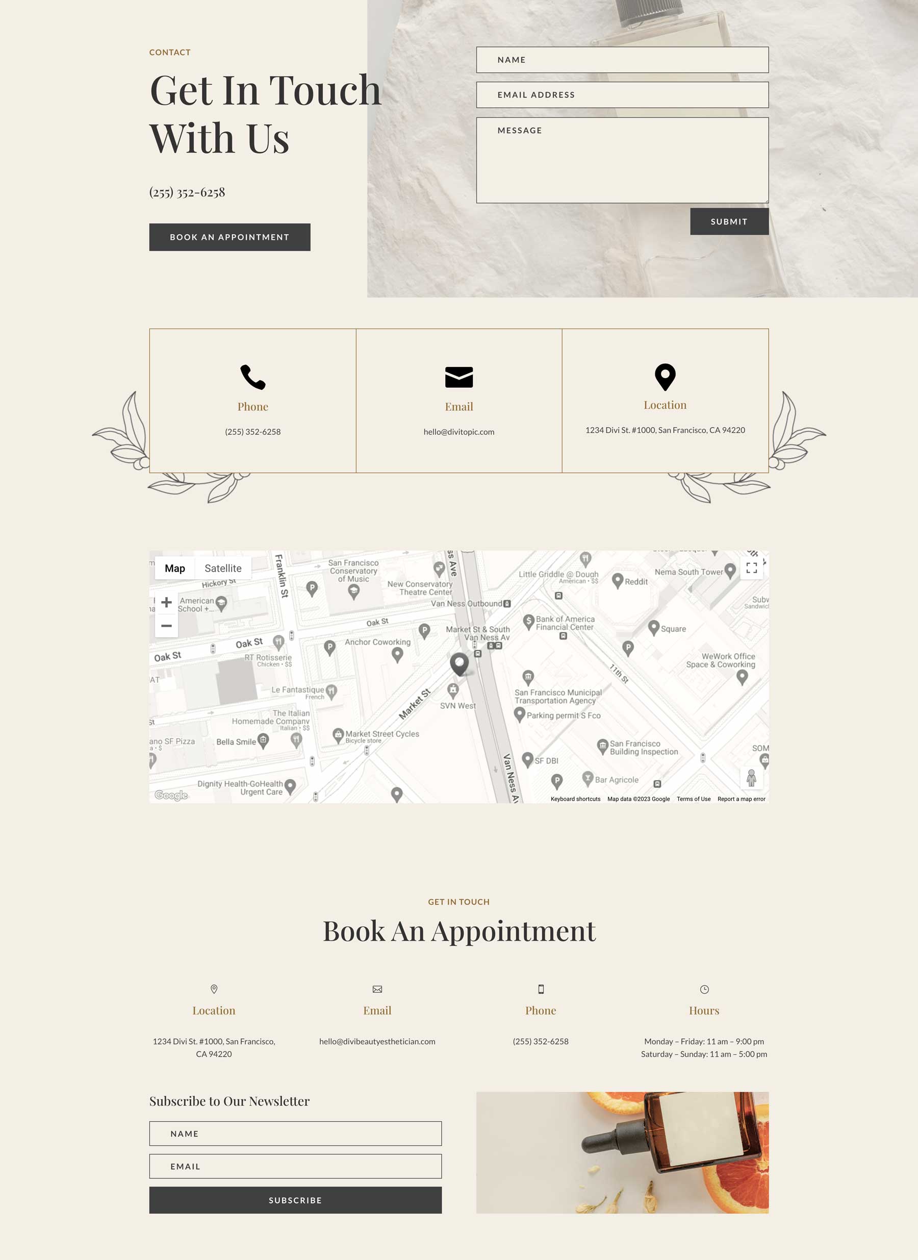 Esthetician Contact Page Divi Layout by Elegant Themes