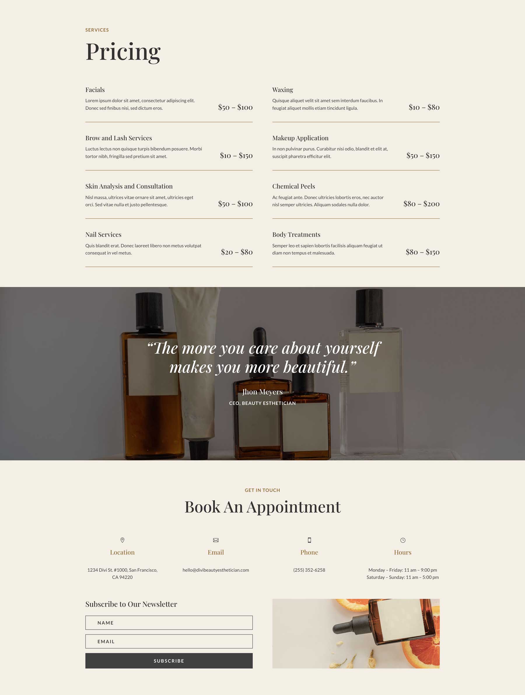 Esthetician Pricing Page Divi Layout by Elegant Themes