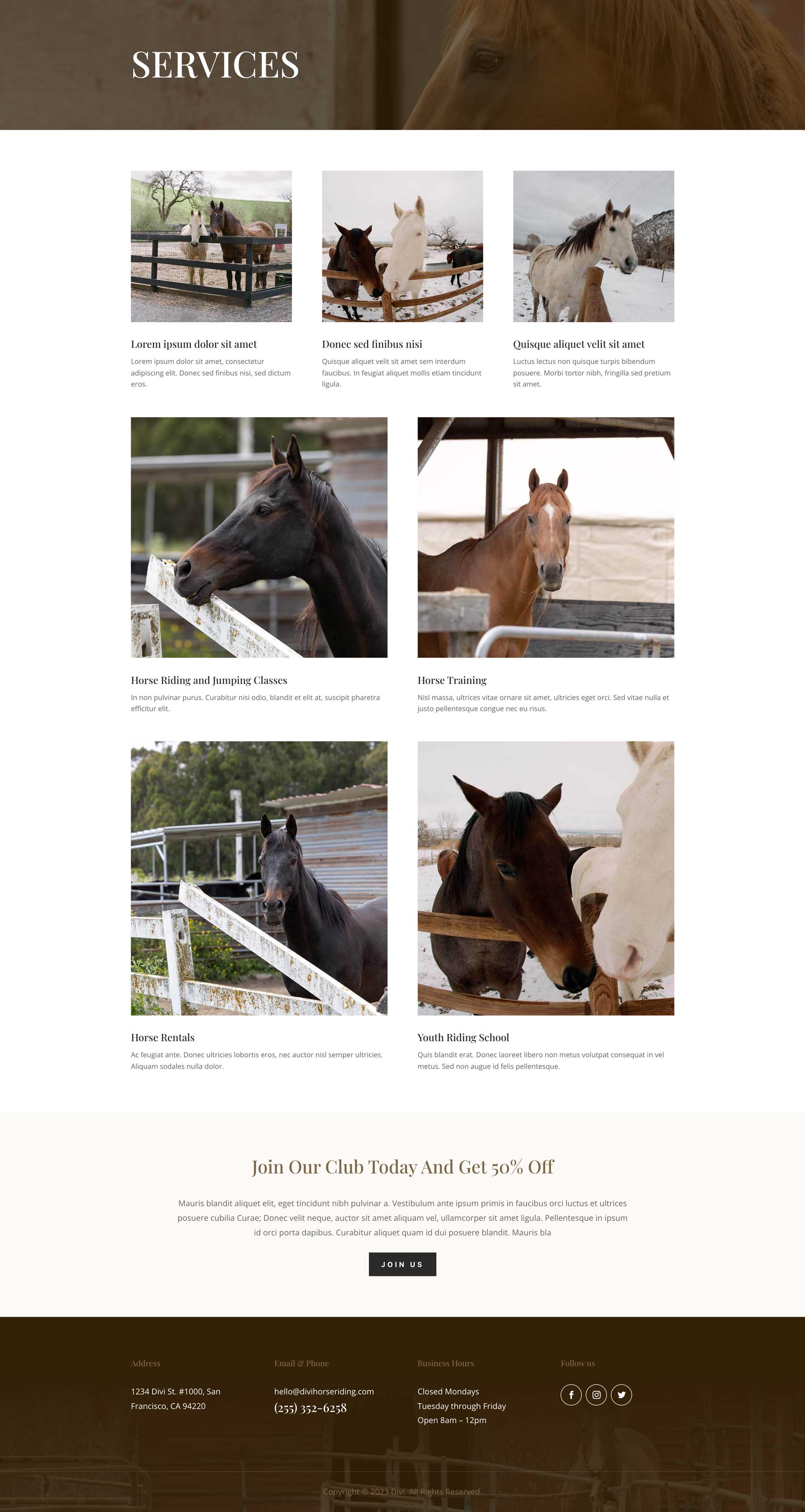Horse Riding Services Page Divi Layout by Elegant Themes