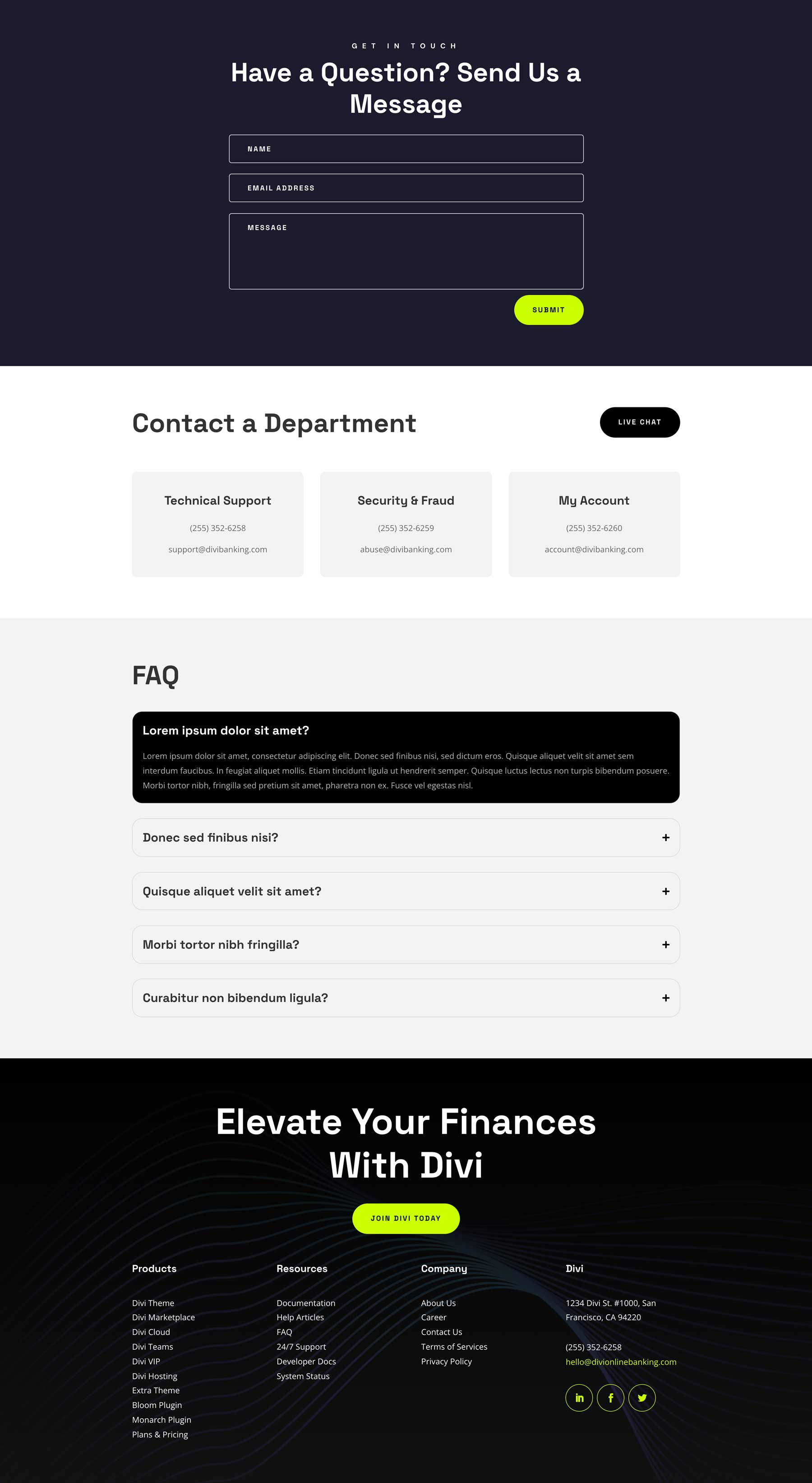 Online Banking Contact Page Divi Layout by Elegant Themes