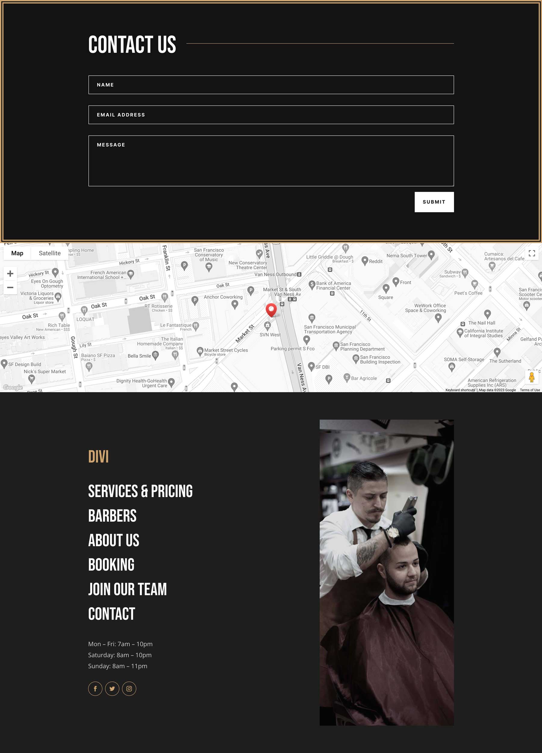 Barber Contact Page Divi Layout by Elegant Themes