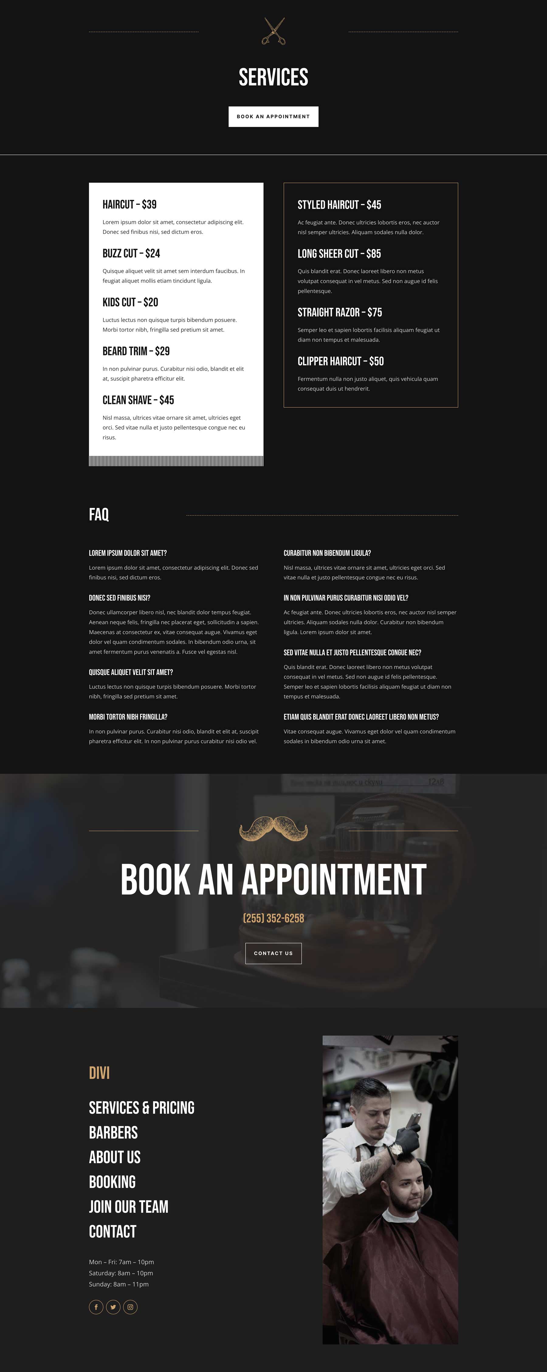 Barber Services Page Divi Layout by Elegant Themes