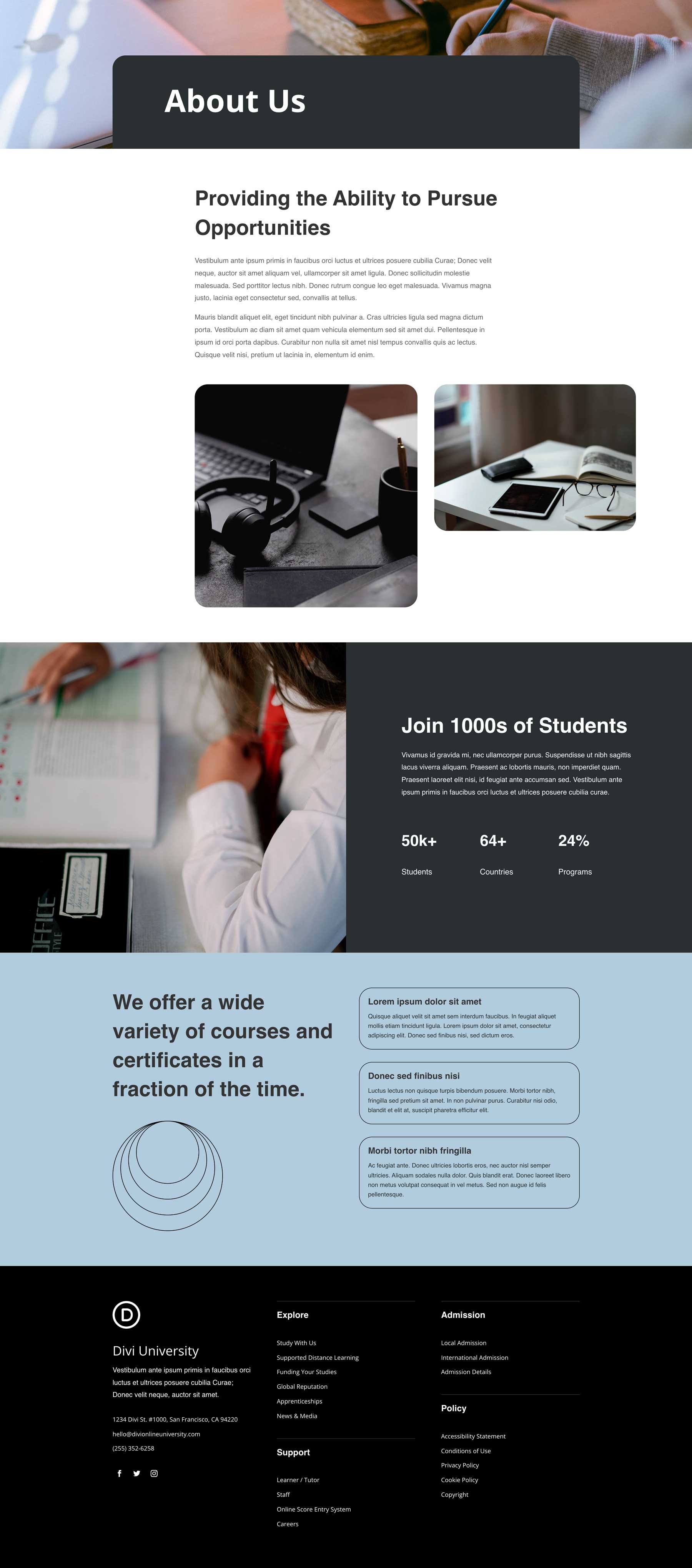 Online University About Page Divi Layout by Elegant Themes