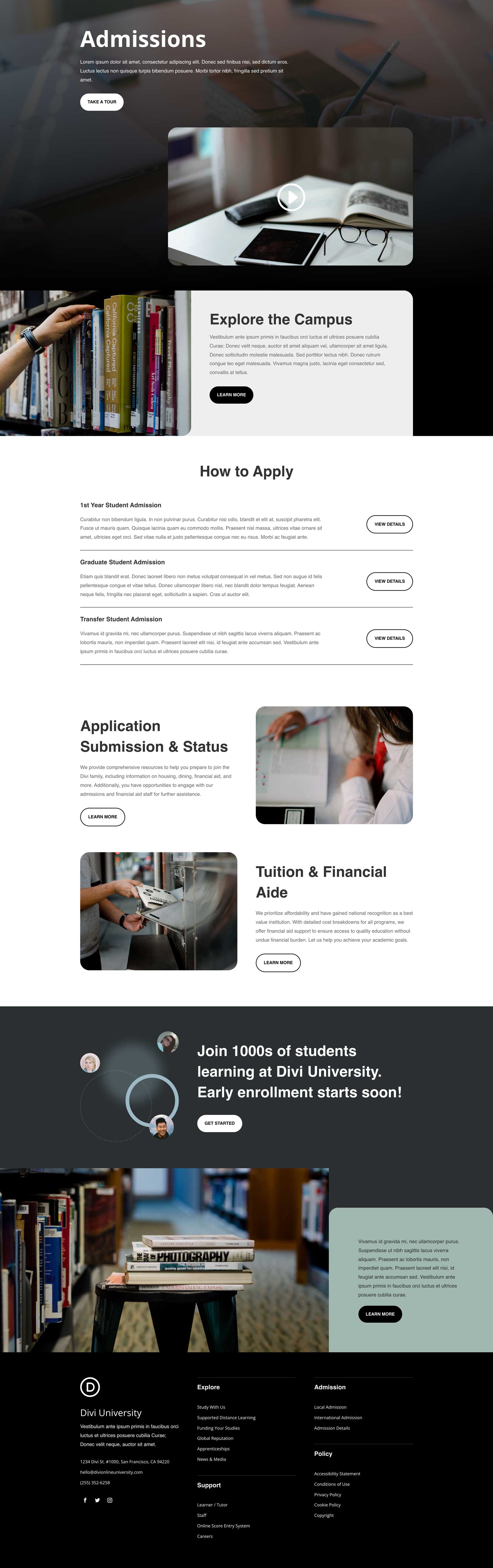 Online University Admissions Page Divi Layout by Elegant Themes