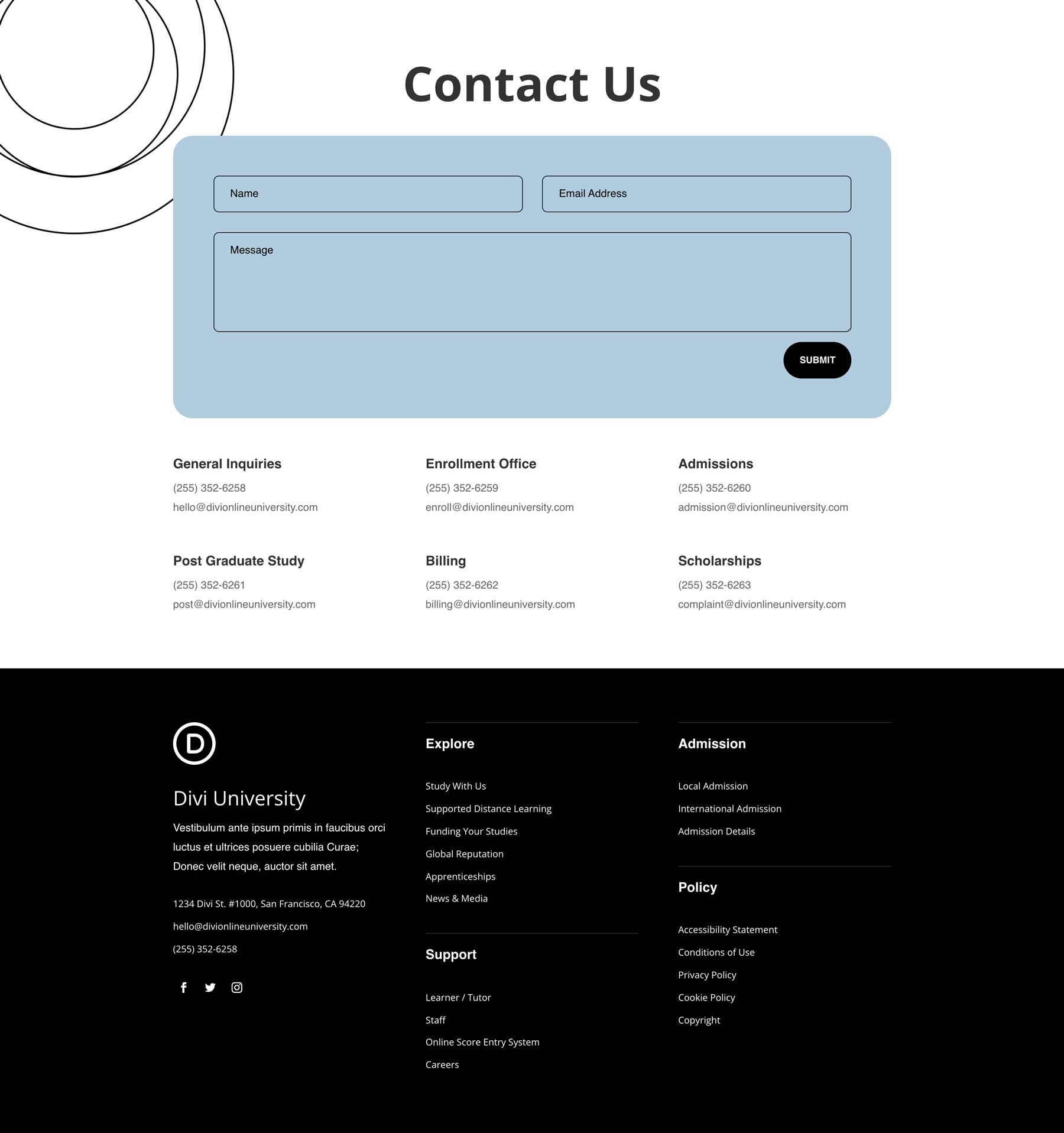 Online University Contact Page Divi Layout by Elegant Themes