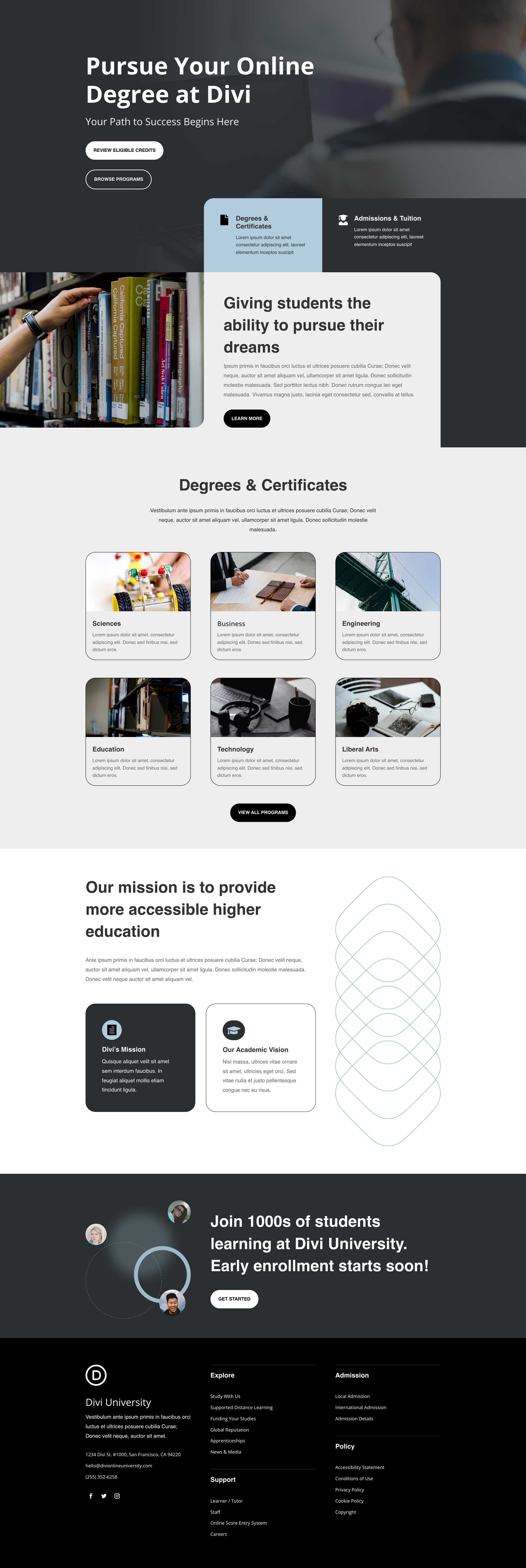 Online University Home Page Divi Layout by Elegant Themes