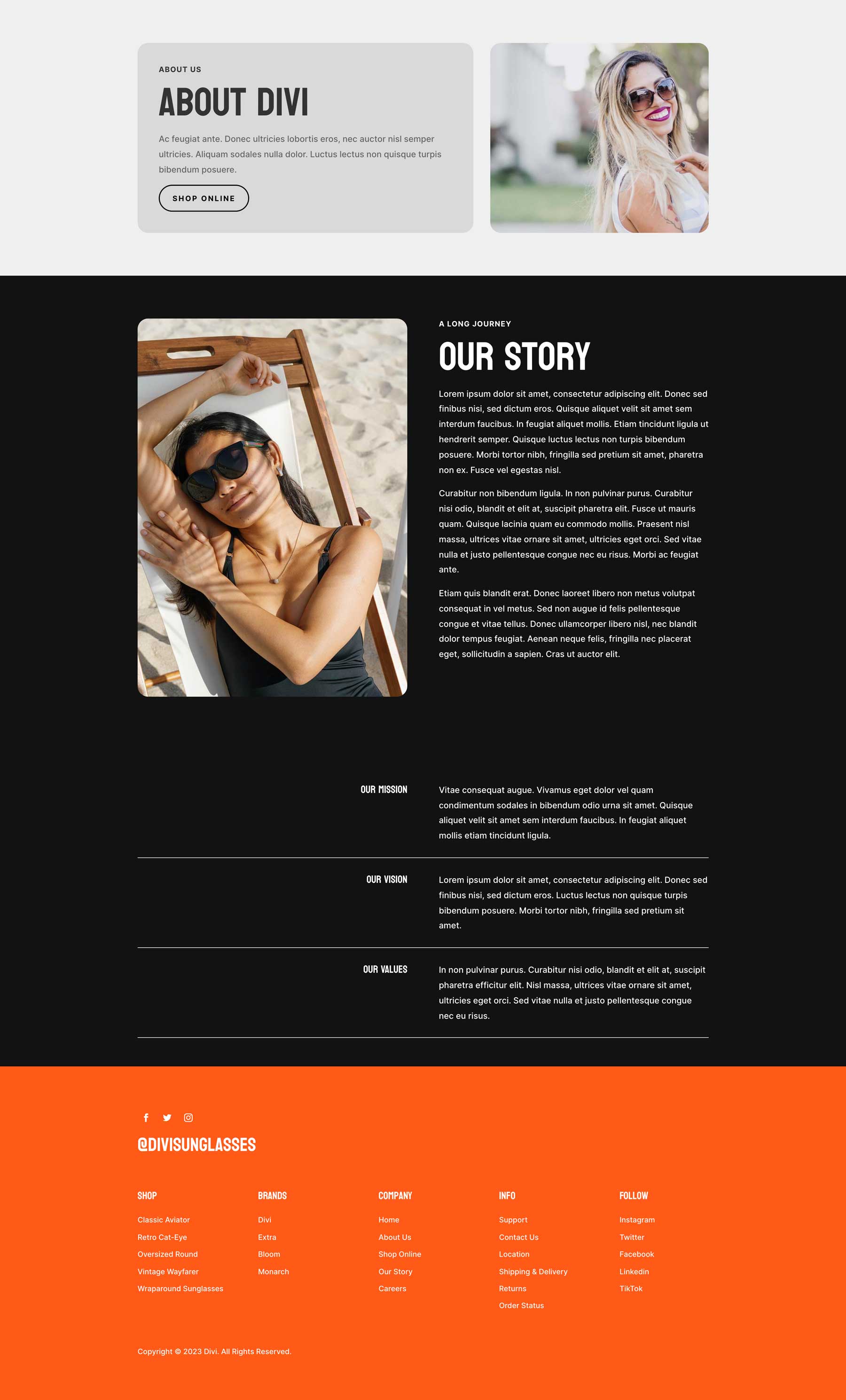 Sunglass Shop About Page Divi Layout by Elegant Themes