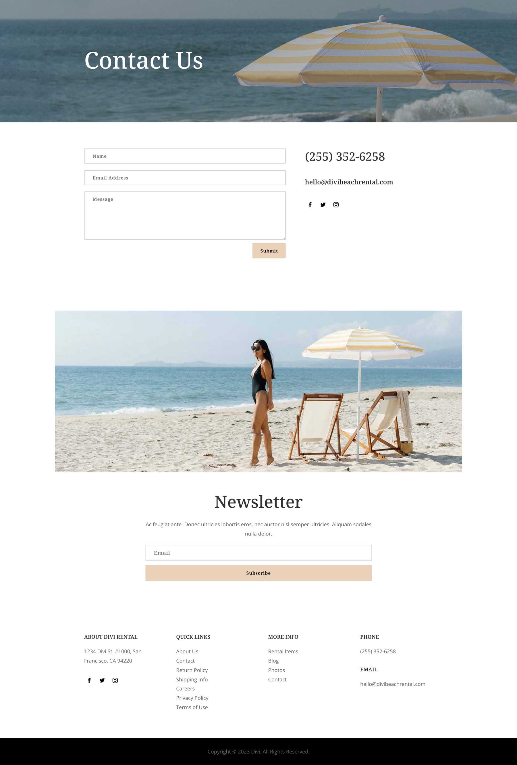Beach Rentals Contact Page Divi Layout by Elegant Themes