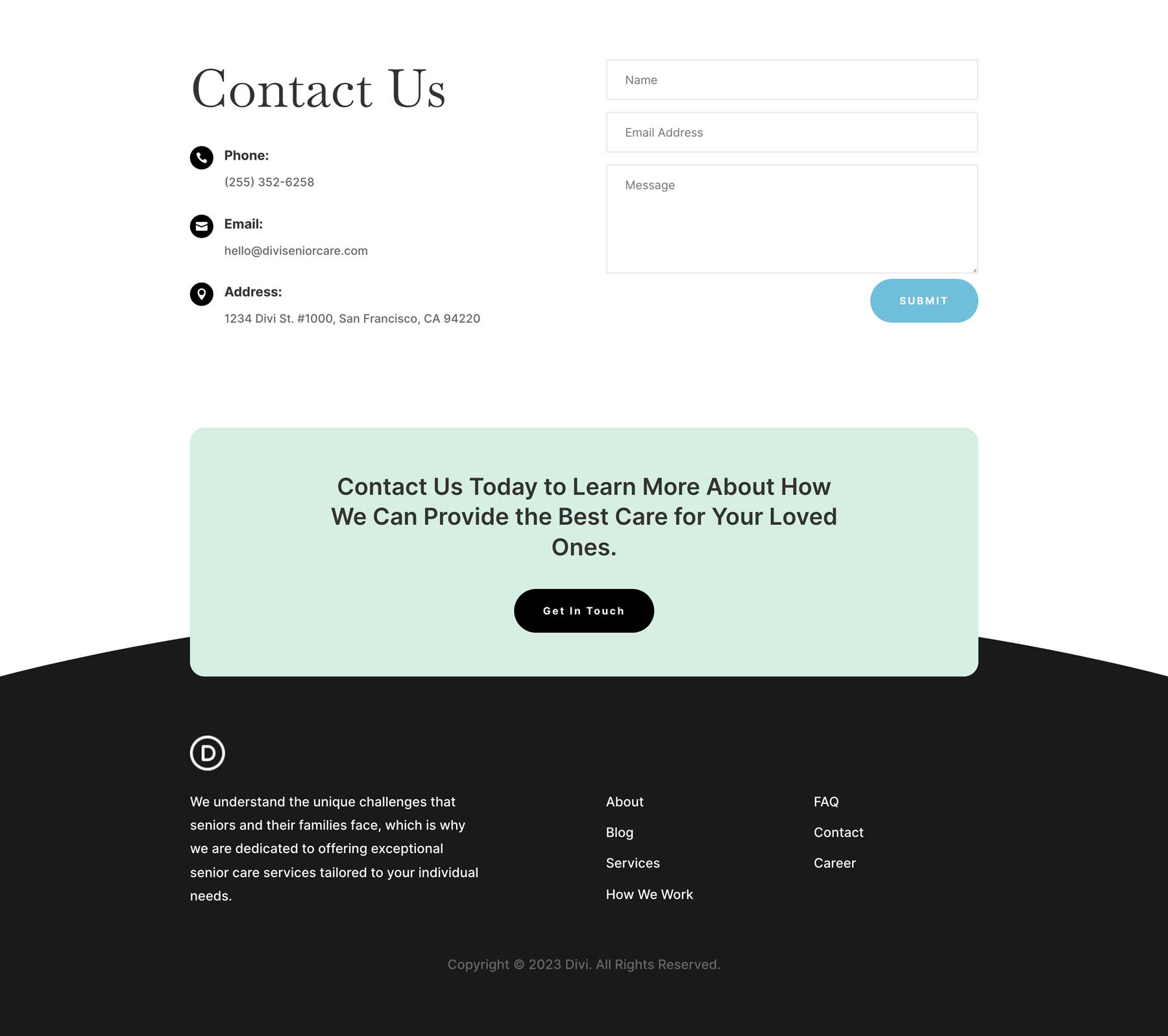 Senior Care Contact Page Divi Layout by Elegant Themes