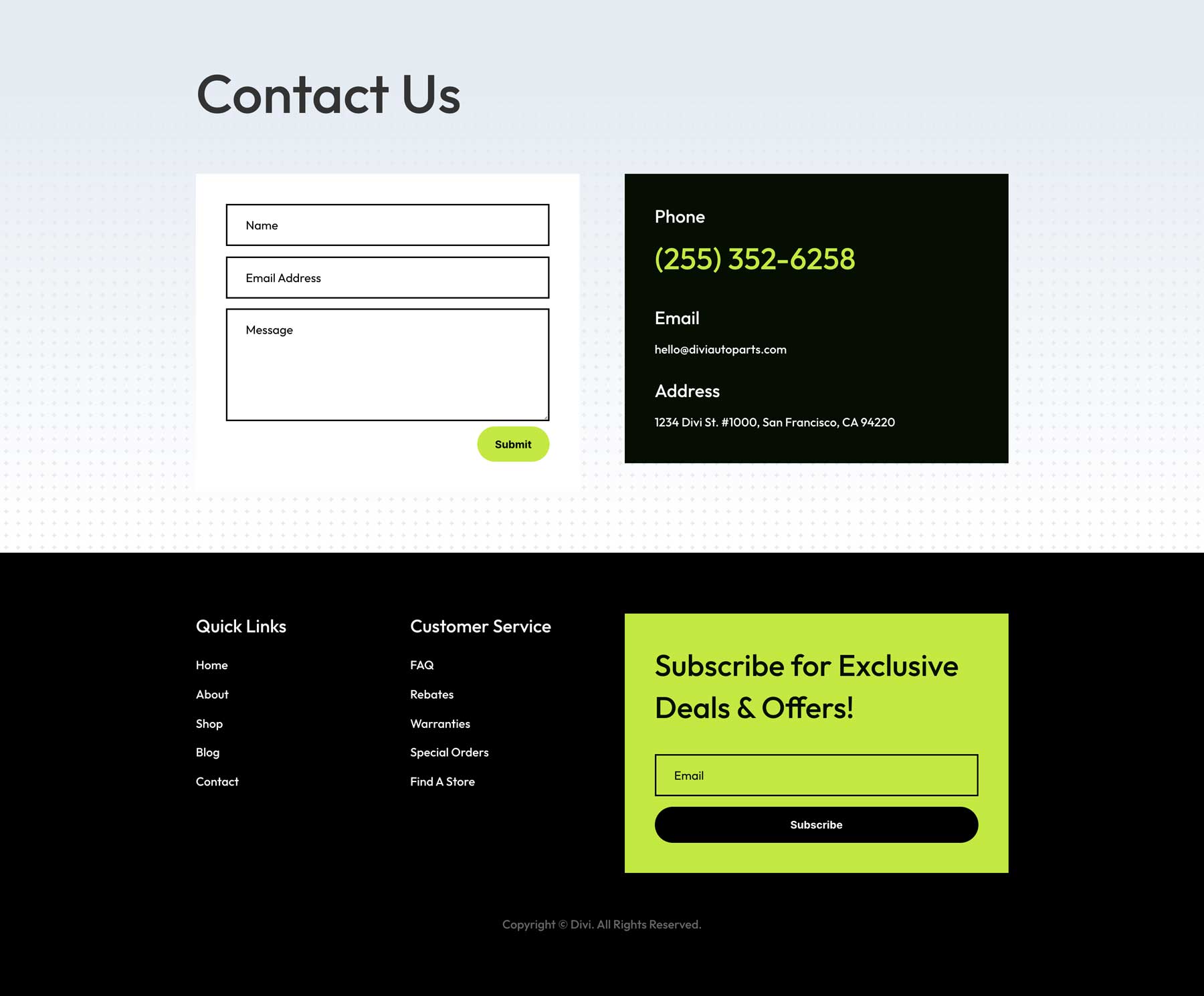 Auto Parts Contact Page Divi Layout by Elegant Themes